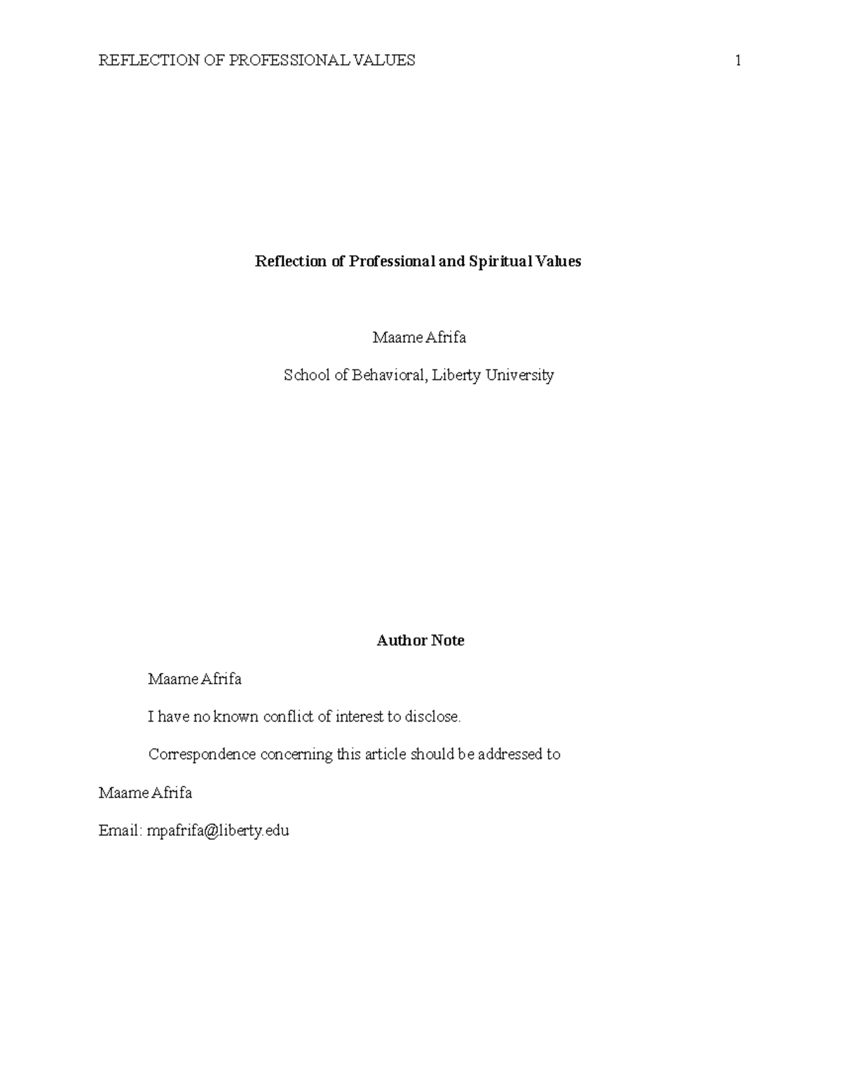 Afrifa M Reflection Paper - Reflection of Professional and Spiritual ...