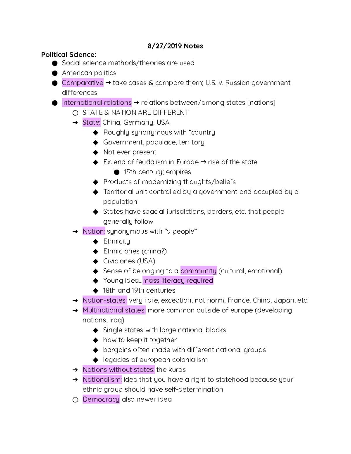 8 27 2019 Notes - International Relations Definitions and Theories - 8 ...