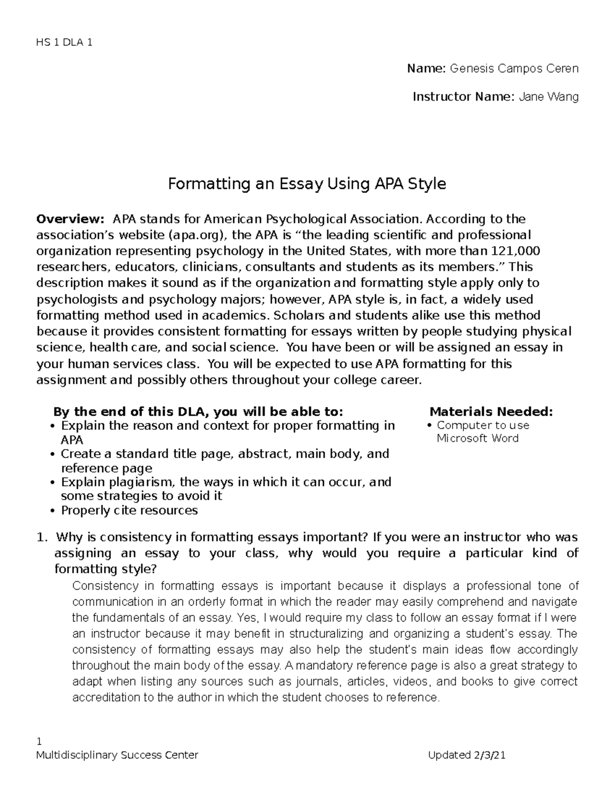FILL HS1 DLA1 APA Format-1 - Name: Genesis Campos Ceren Instructor Name ...