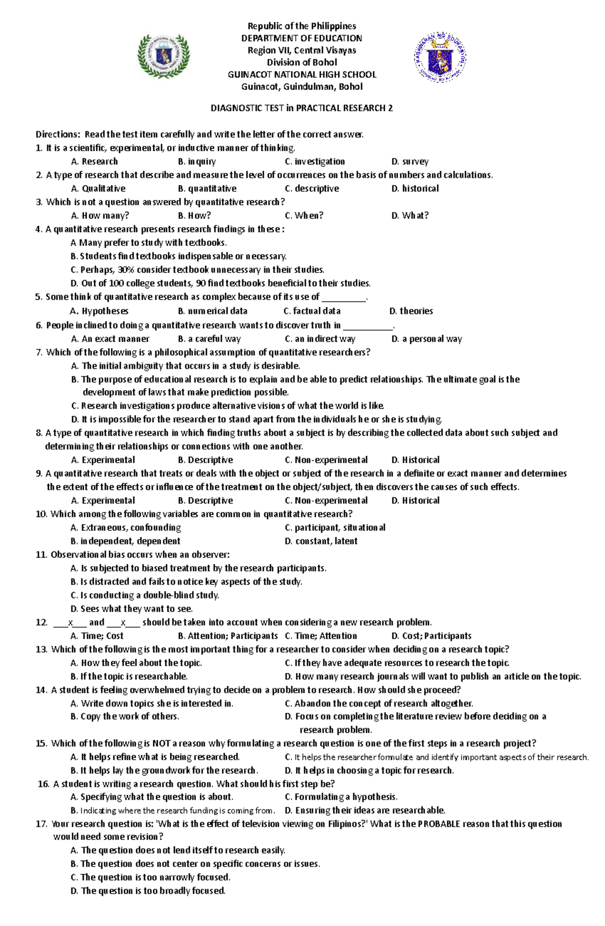 Diagnostic TEST - Republic of the Philippines DEPARTMENT OF EDUCATION ...