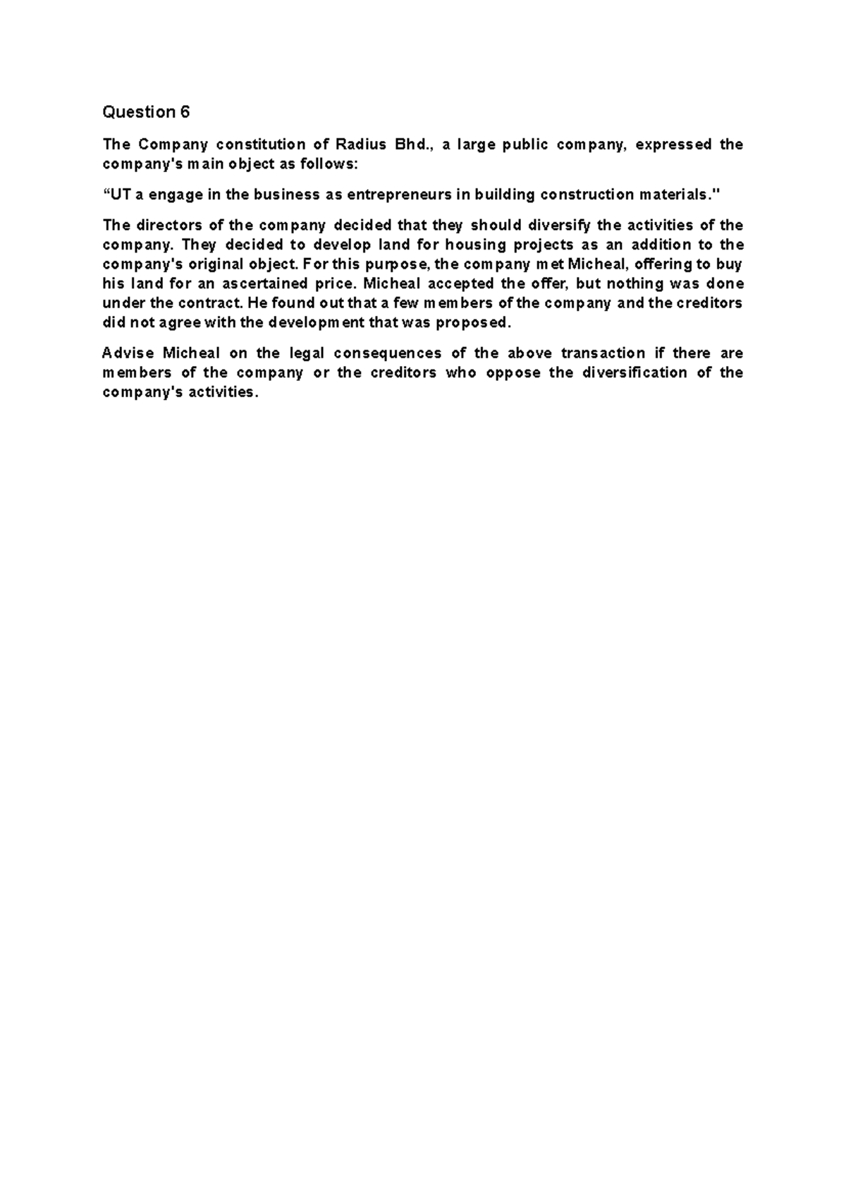 LAW 346 - GROUP ASSIGNMENT TOPIC - Question 6 The Company constitution of Radius Bhd., a large ...