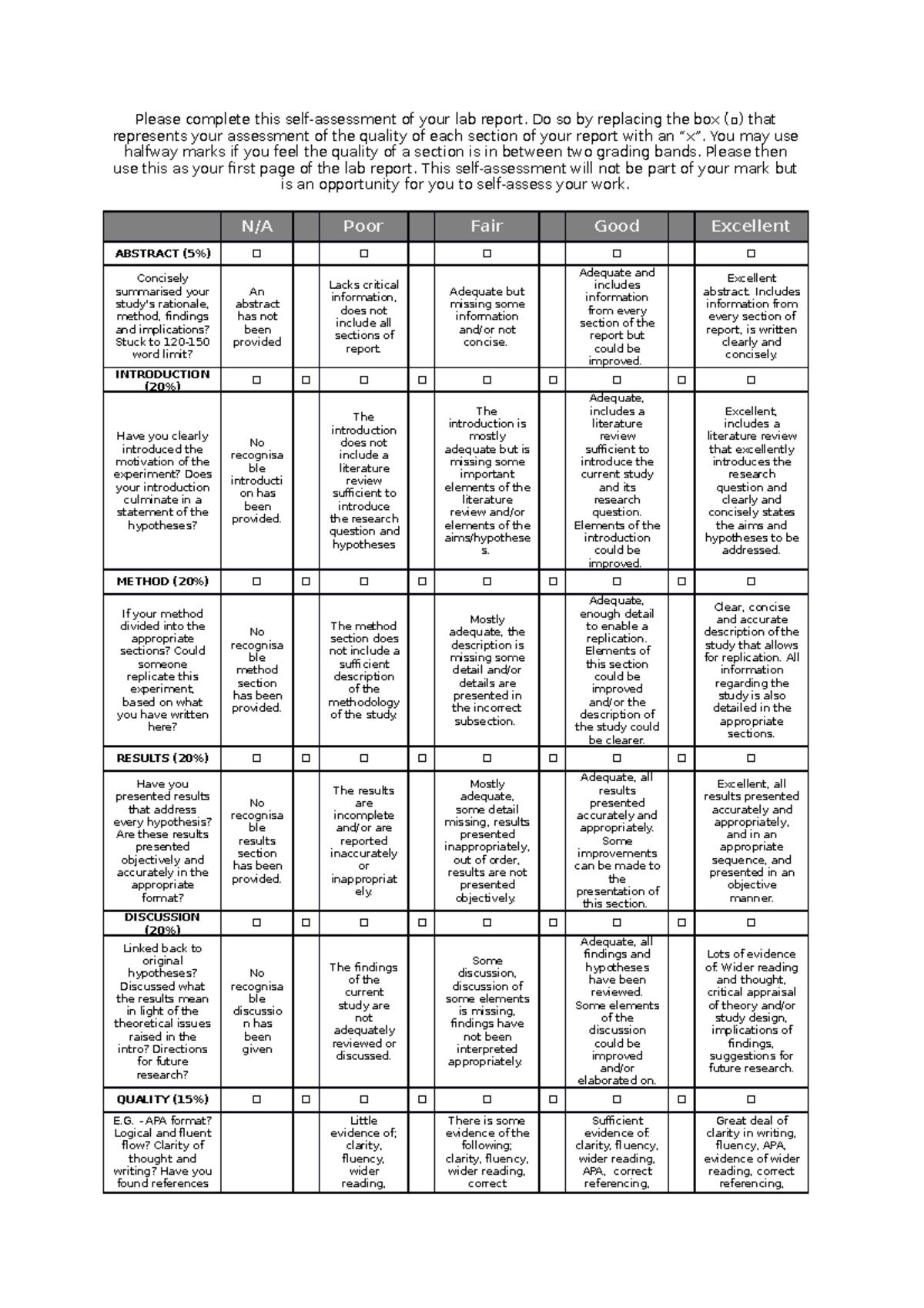 Lab Report Self Assessment - Please complete this self-assessment of ...