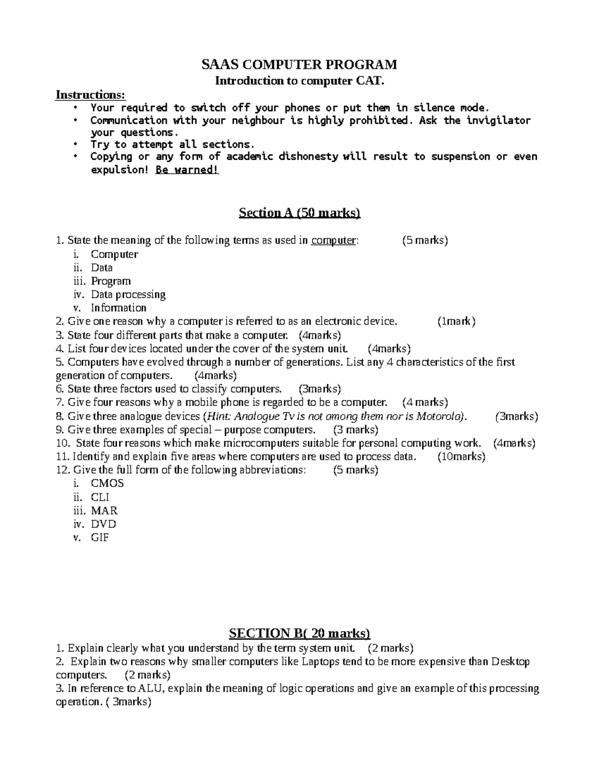 Intro Exams SAAS COMPUTER PROGRAM Introduction To Computer CAT