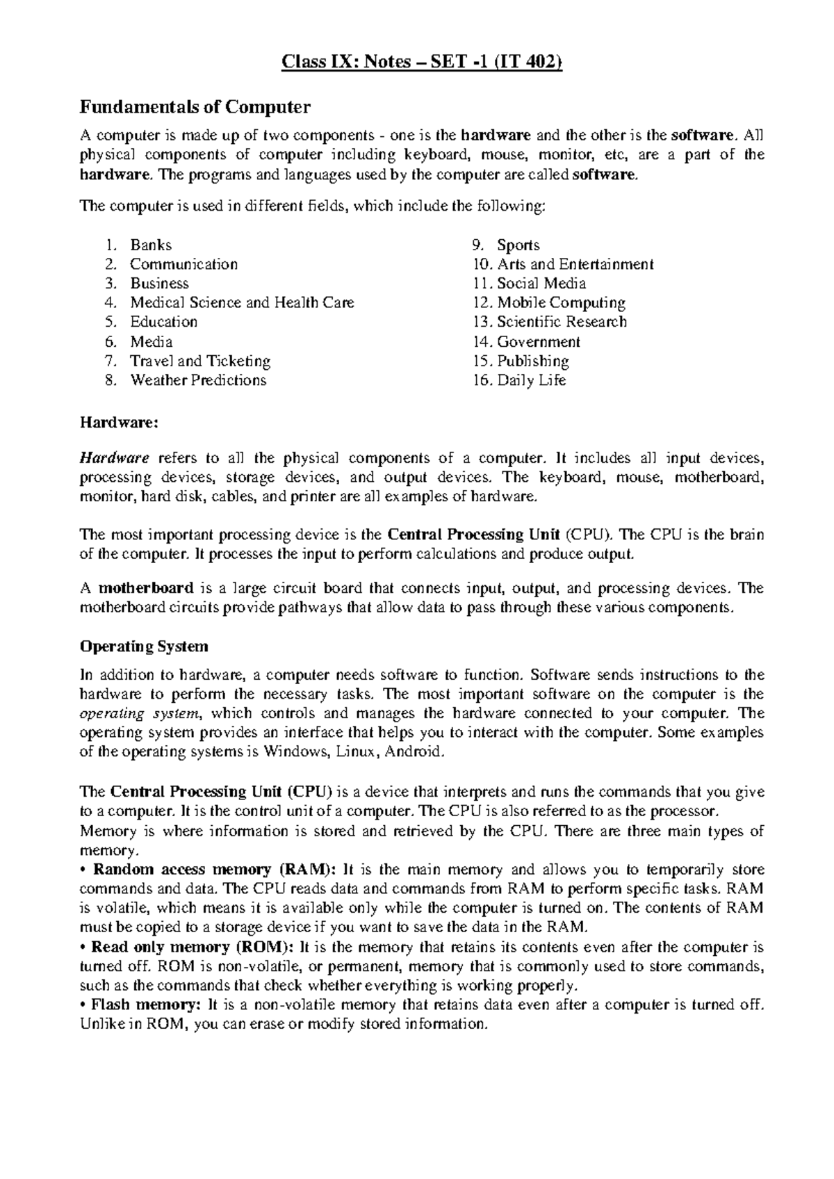 Class 9 IT Notes 2024 - Class IX: Notes – SET -1 (IT 402) Fundamentals ...