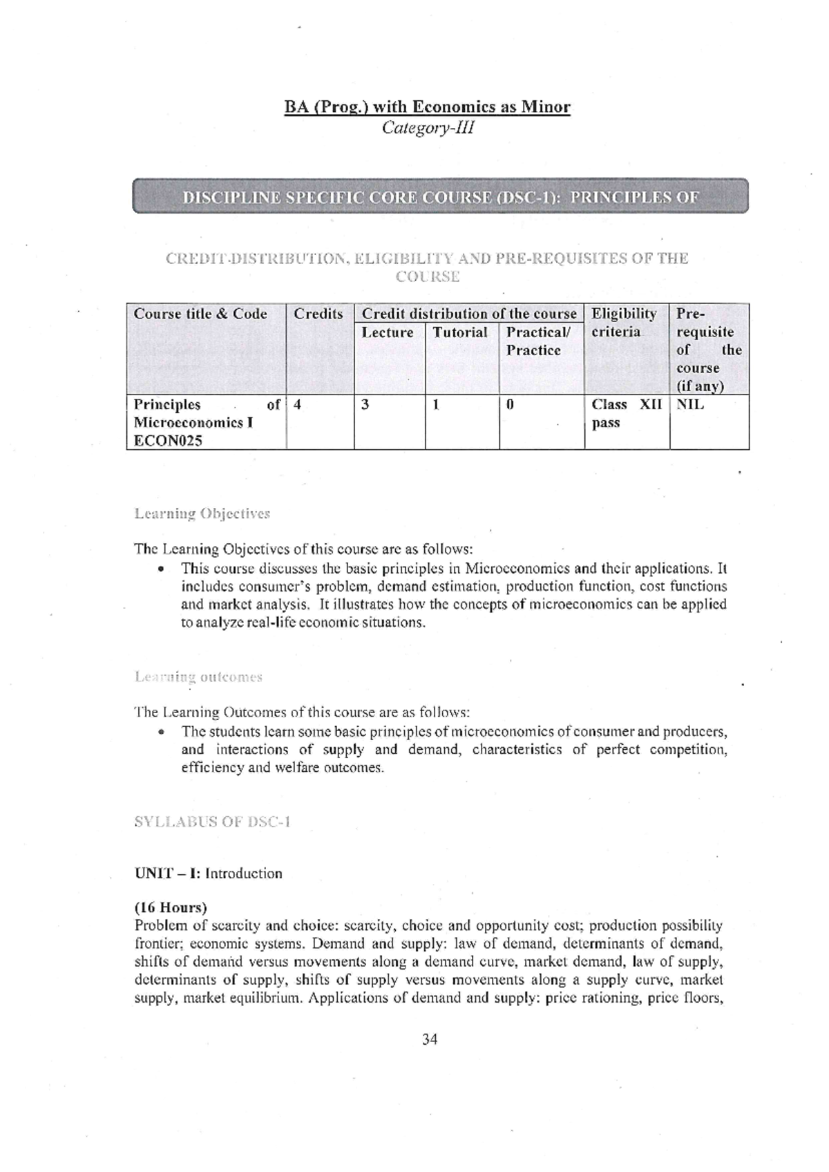 Economics Minor SEM 1 Syllabus - BA (Prog.) with Economics as Minor DISCIPLINE SPECIFIC CORE ...