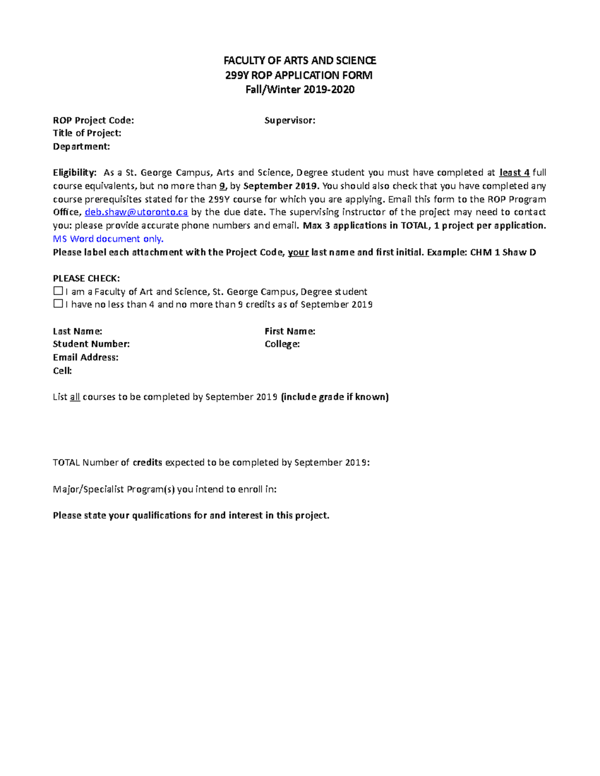 Current Students ROP - 299Y Fall Winter ROP application - FACULTY OF ...