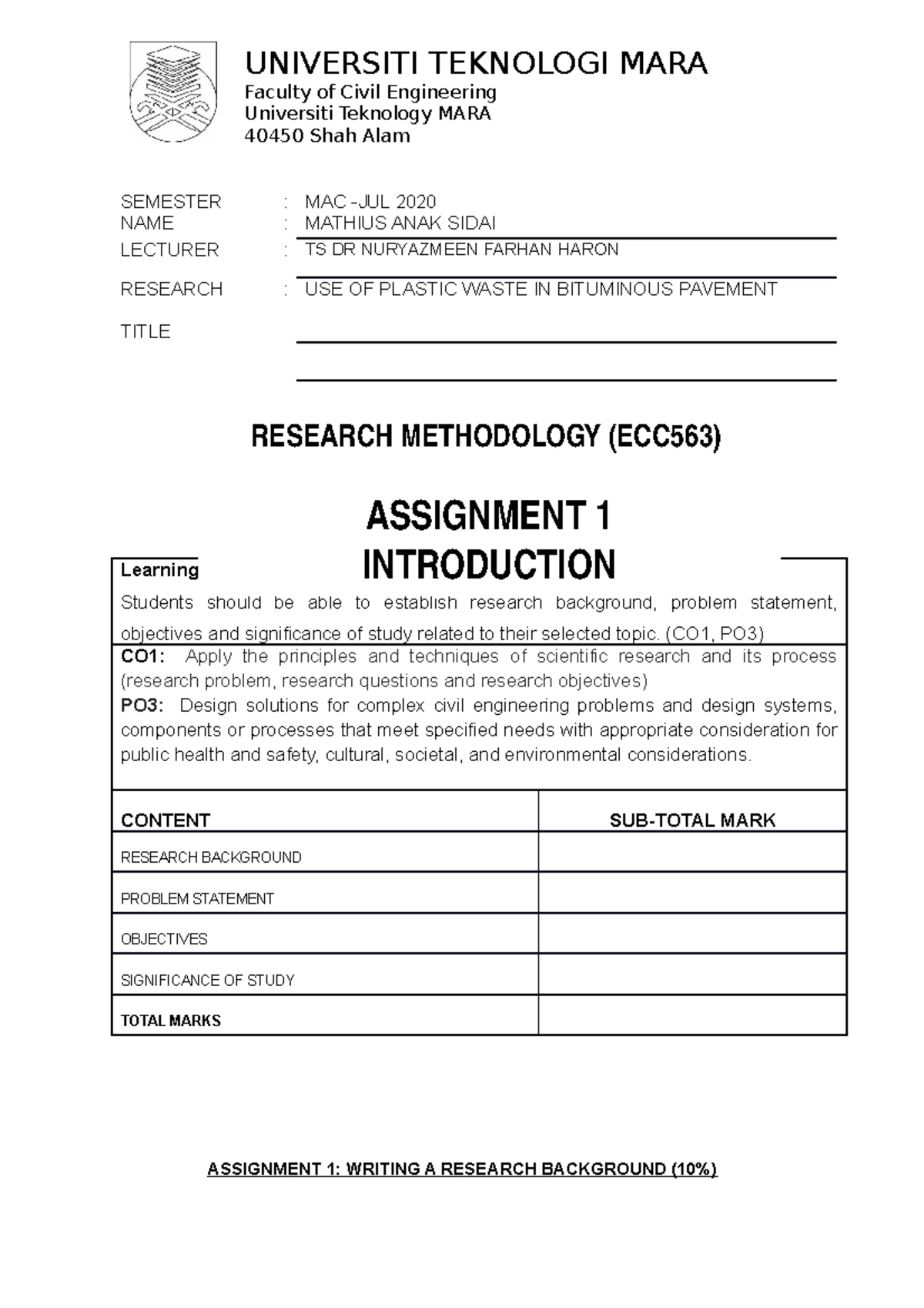 Assignment 1- Mathius - Research methodology - SEMESTER : MAC -JUL 2020 ...