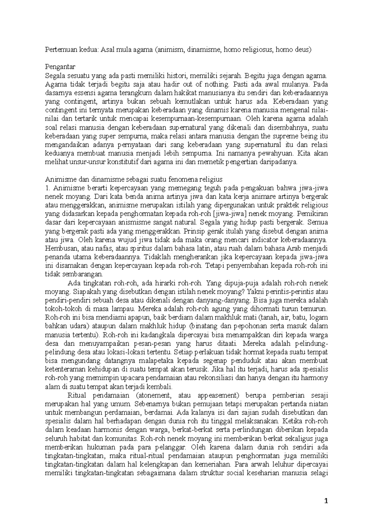 2. Agama - Pertemuan kedua: Asal mula agama (animism, dinamisme, homo religiosus, homo deus ...