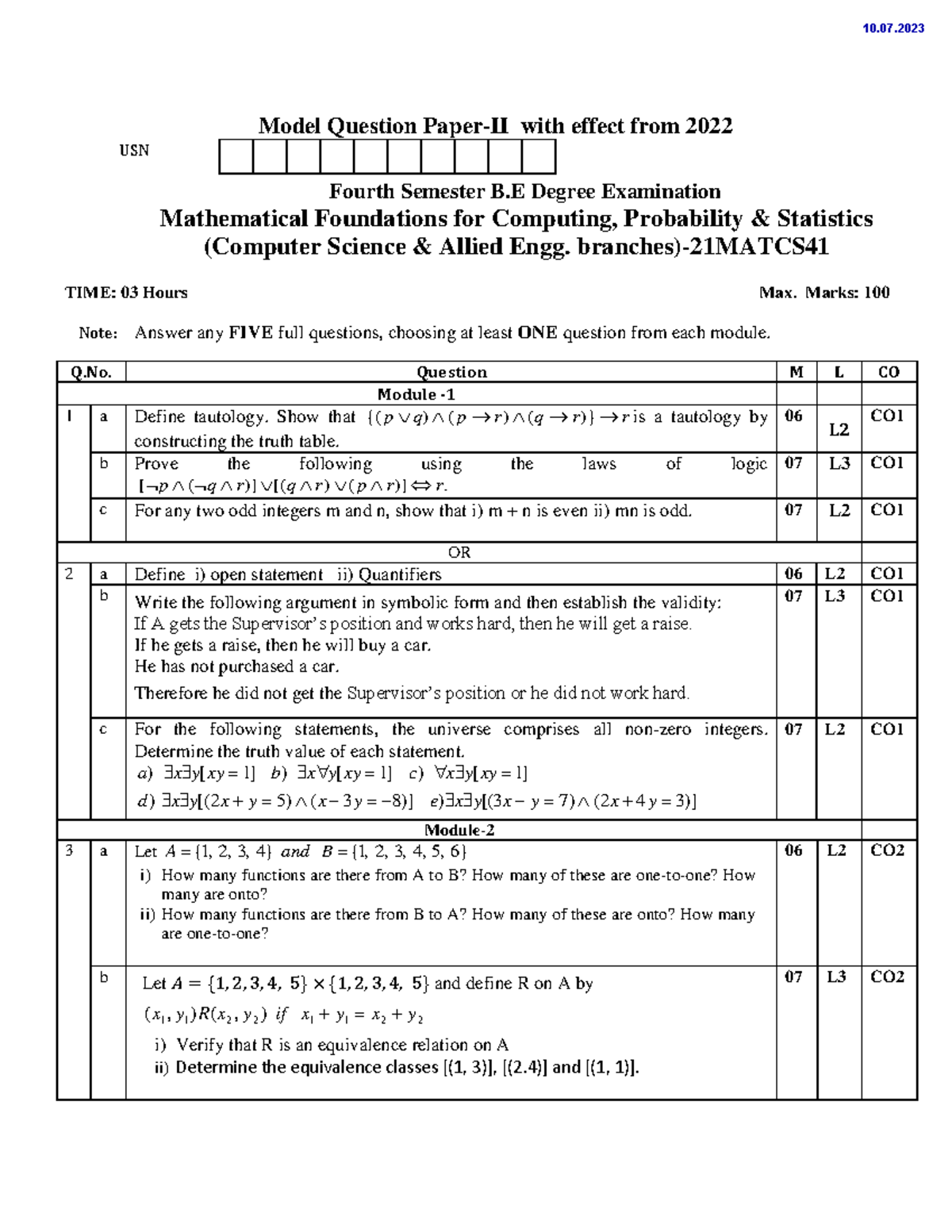 Model qp set 2 solutions - Model Question Paper-II with effect from 2022 USN Fourth Semester B ...