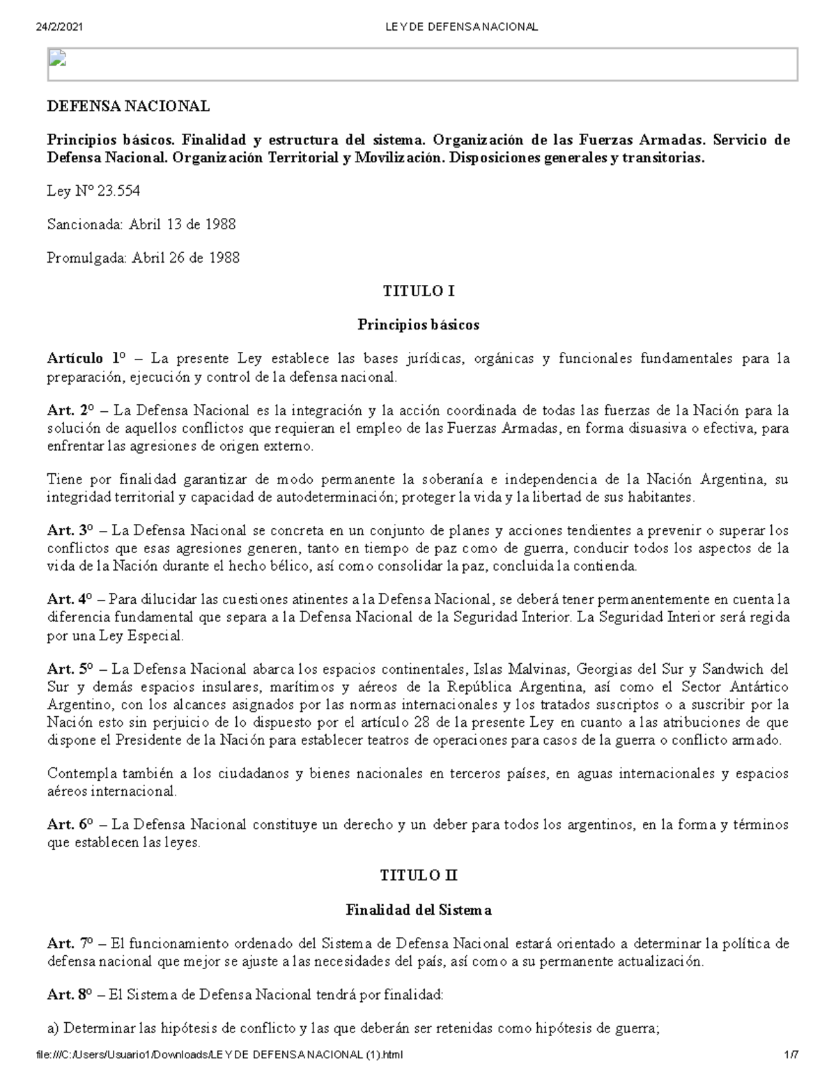 LEY DE Defensa Nacional - DEFENSA NACIONAL Principios básicos ...