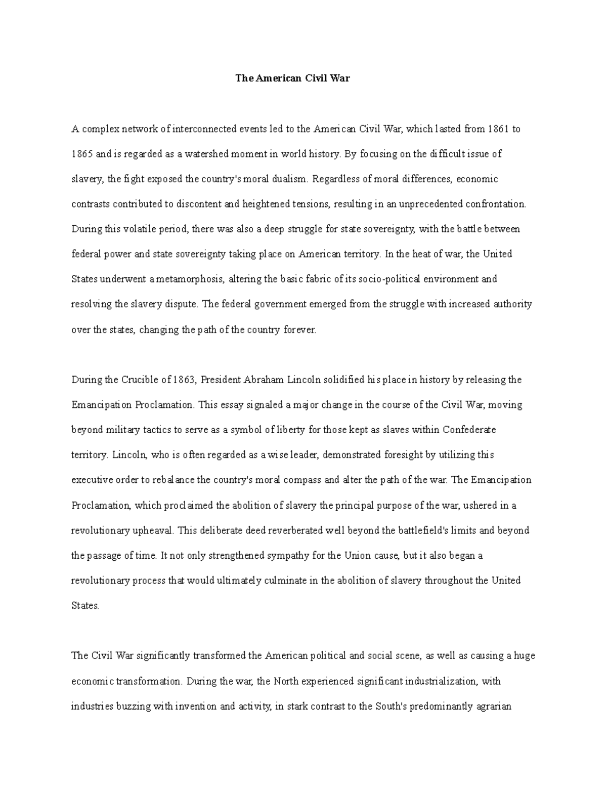 The American Civil War - essay - The American Civil War A complex ...