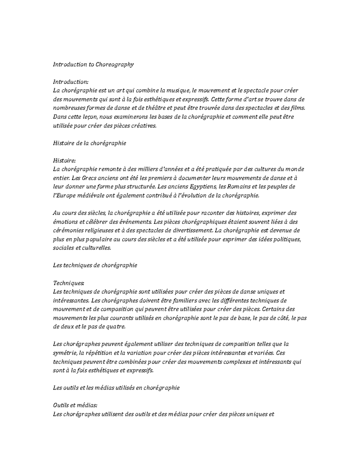 Choreography Notes de cours - Introduction to Choreography Introduction ...