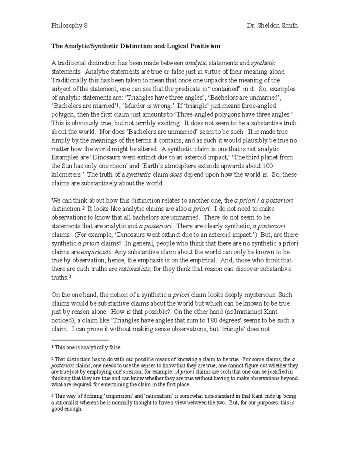 Analytic Synthetic - Sheldon Smith - Philosophy 8 Dr. Sheldon Smith The Analytic/Synthetic - Studocu