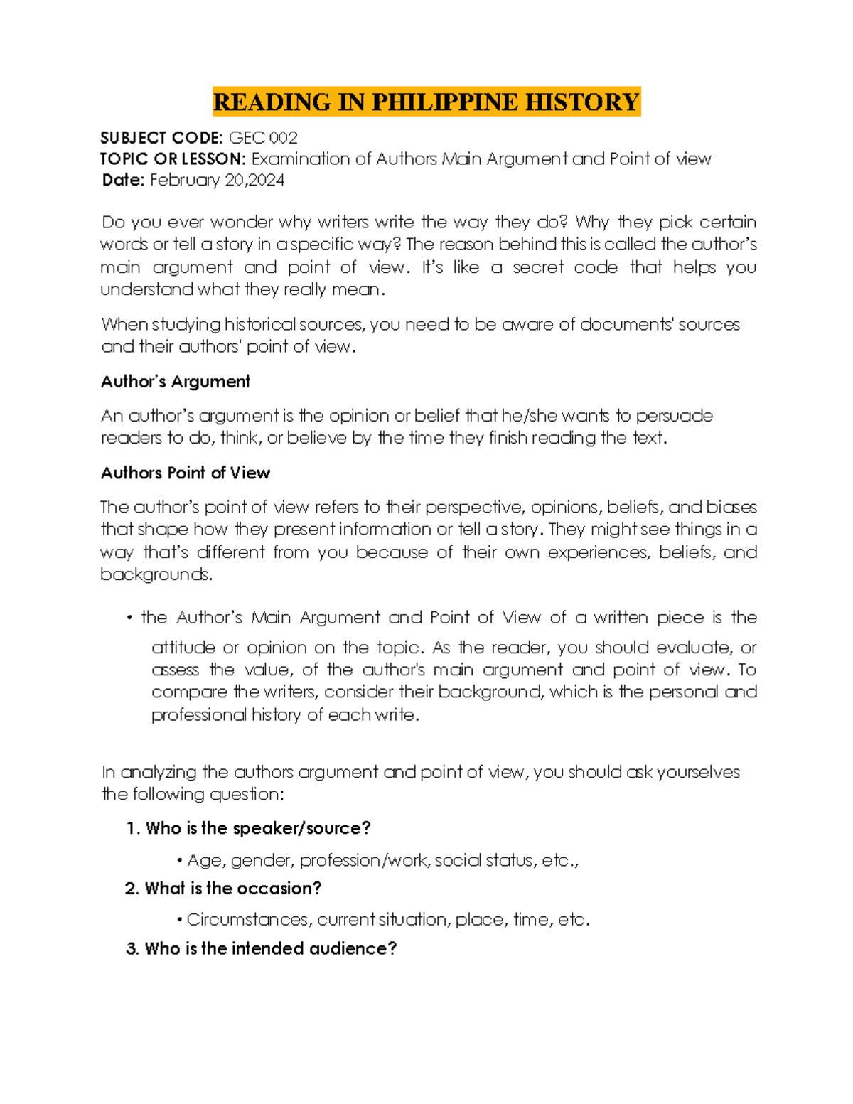 Reading IN Philippine History Written Report - READING IN PHILIPPINE HISTORY SUBJECT CODE: GEC ...