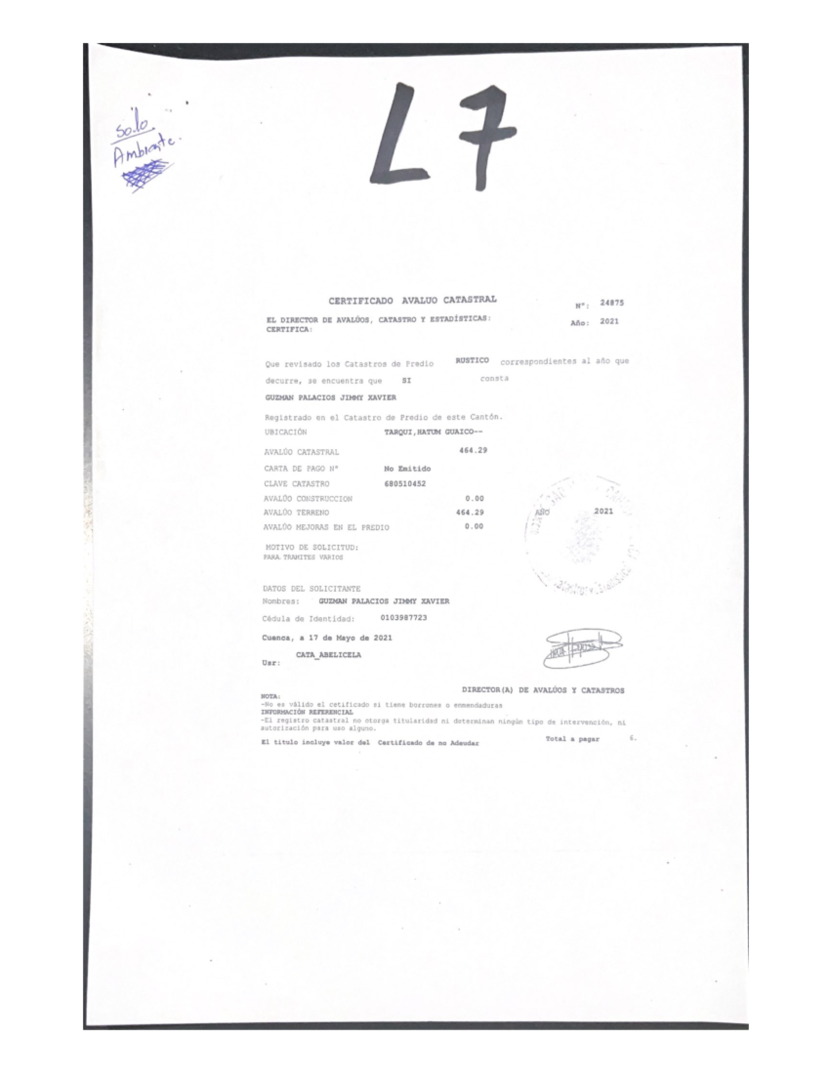 LOTE 07 SOLO Medio Ambiente - solo Ambiarte L7 CERTIFICADO AVALUO ...