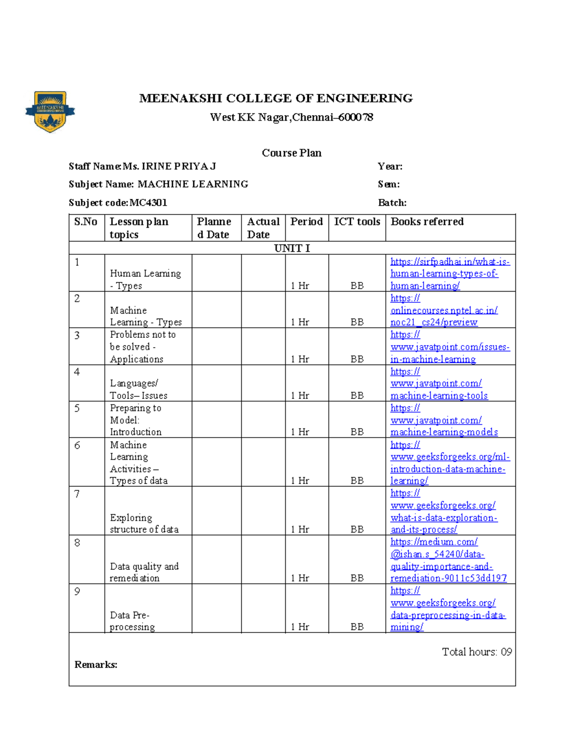 Lesson plan ml - syllabus - MEENAKSHI COLLEGE OF ENGINEERING West KK ...
