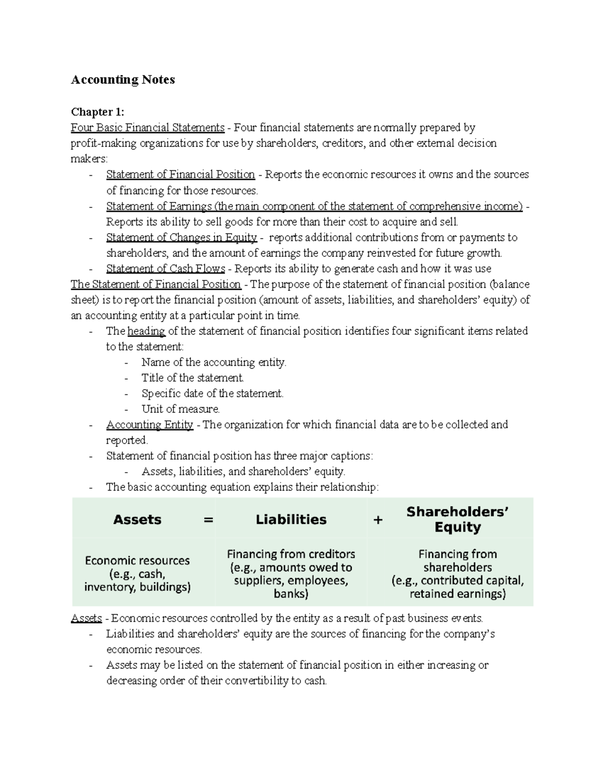 Accounting Notes - Accounting Notes Chapter 1: Four Basic Financial ...