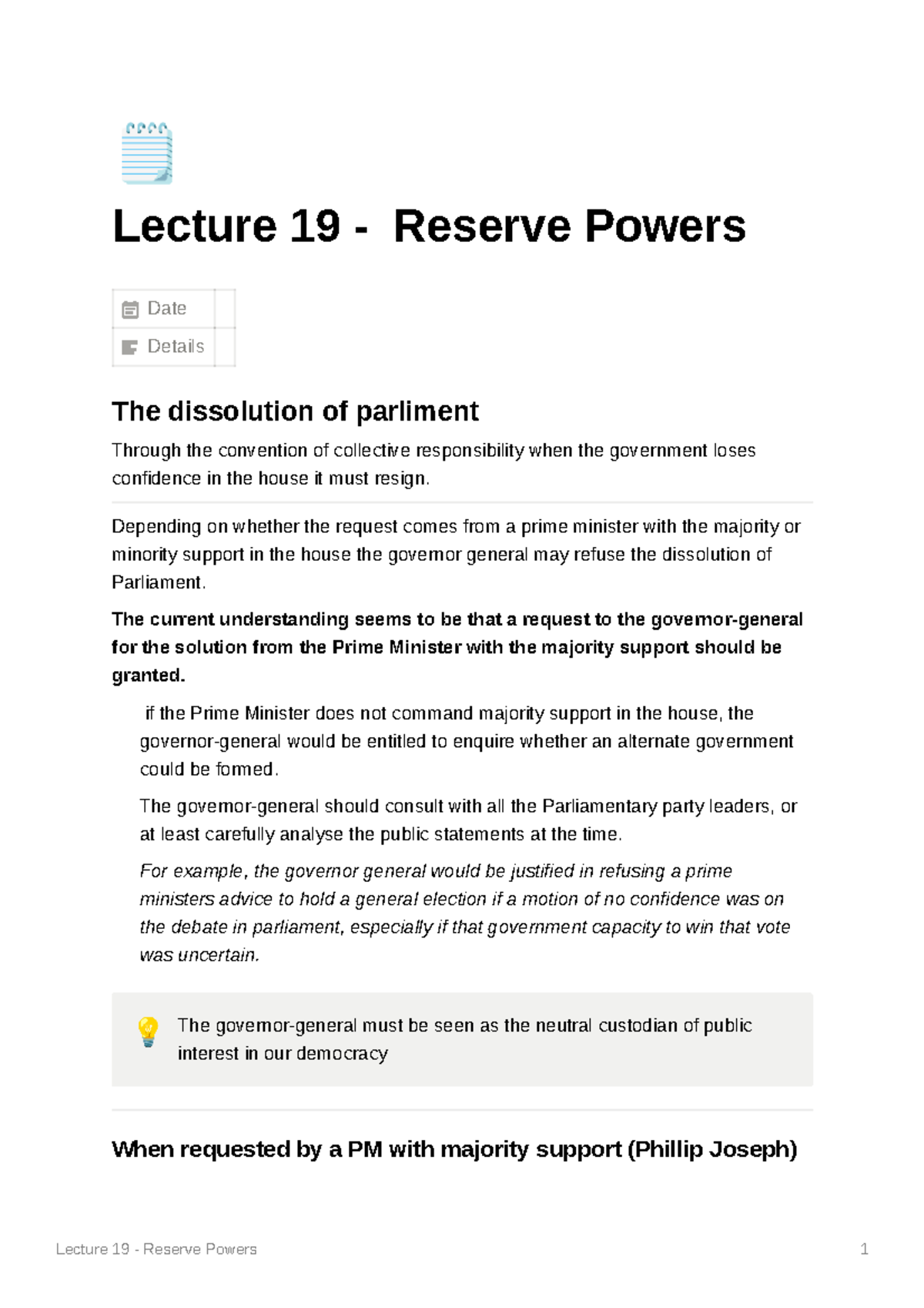 Lecture 19 - Reserve Powers - 🗒 Lecture 19 - Reserve Powers Date Details The dissolution of ...