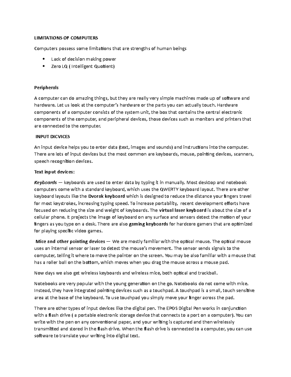 Limitation of computers - LIMITATIONS OF COMPUTERS Computers possess ...