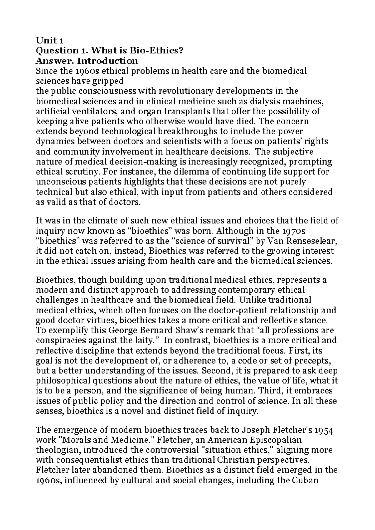 Bio ethics unit1 pdf - Unit 1 Question 1. What is Bio-Ethics? Answer ...