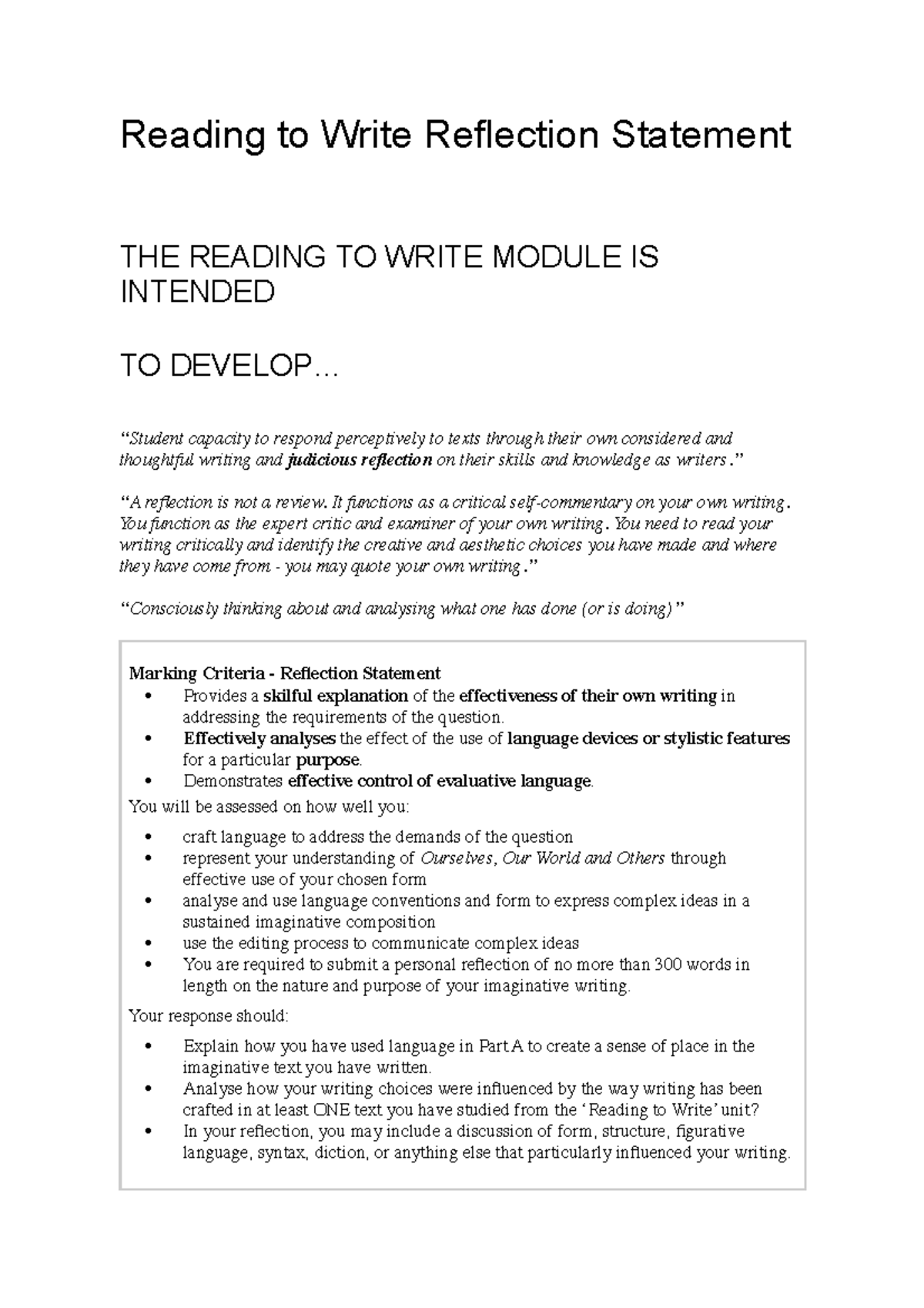 Reading to Write Reflection Statement - .. “Student capacity to respond ...