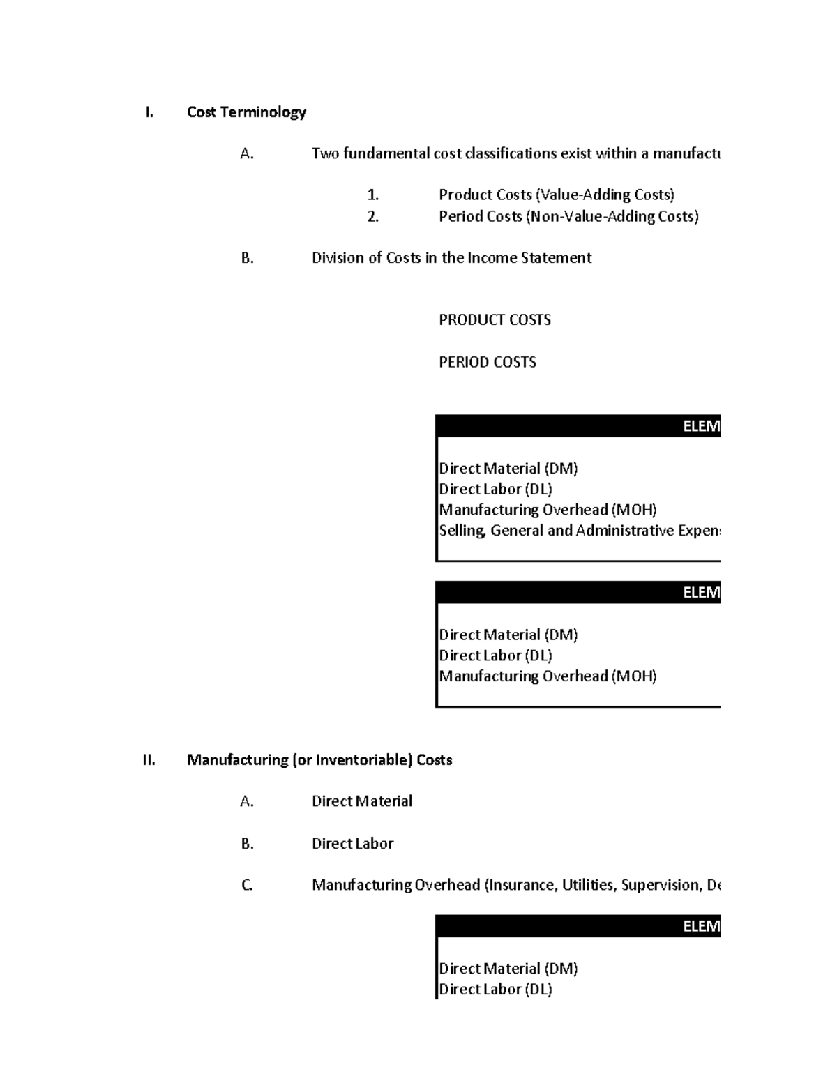 Cost Accounting Part 1 of 2 - I. Cost Terminology A. Two fundamental cost classifications exist ...