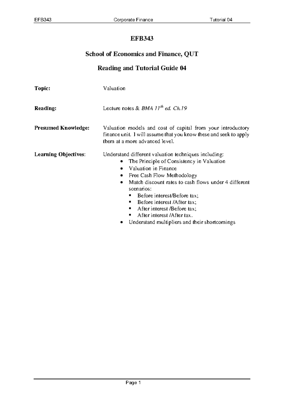 Topic 04 Tutorial Q and A - EFB School of Economics and Finance, QUT ...