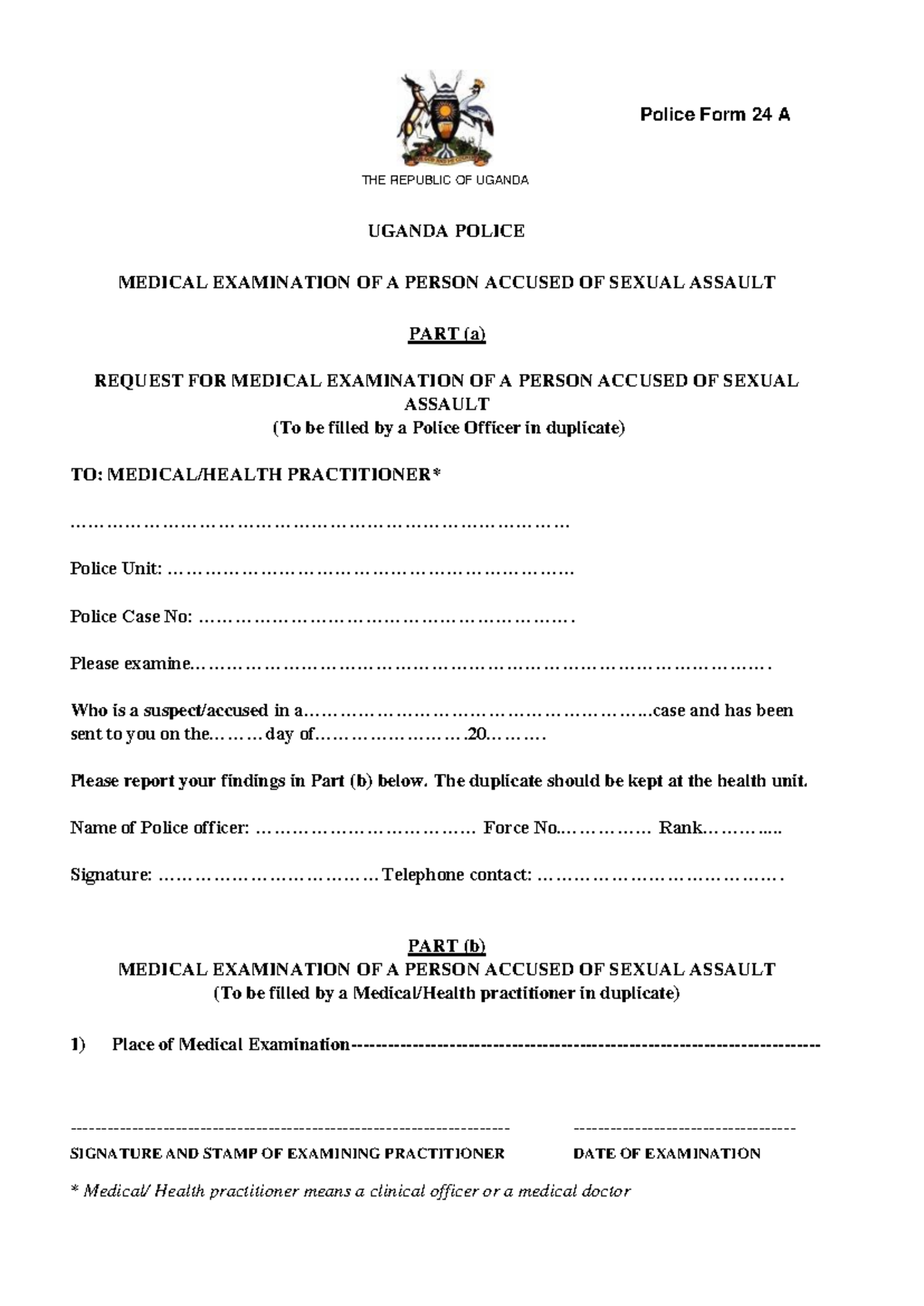 Uganda Police-Form-24A Medical-Examin Person-Accused - Medical/ Health ...