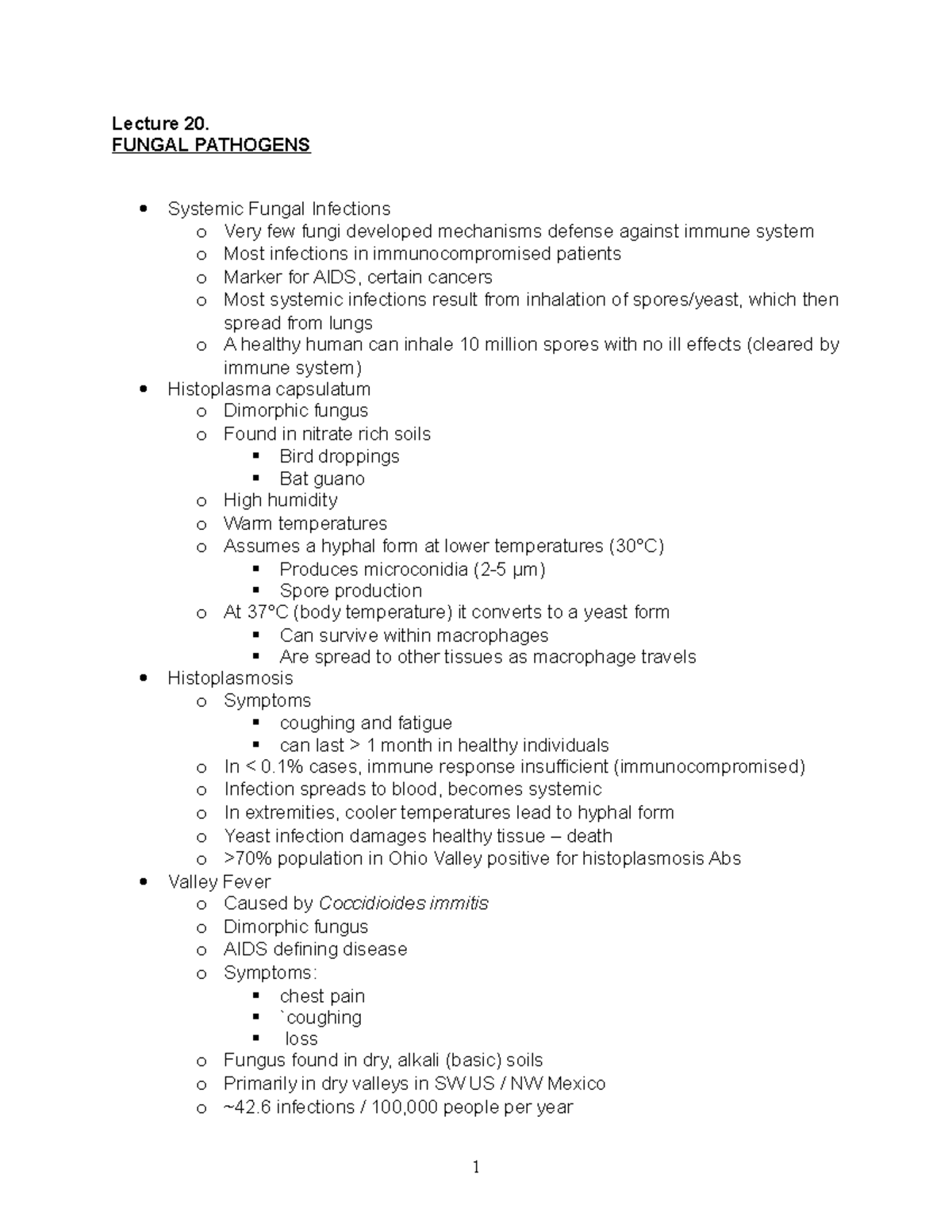 Lecture 20 handout - Matthew Jennings - Lecture 20. FUNGAL PATHOGENS ...