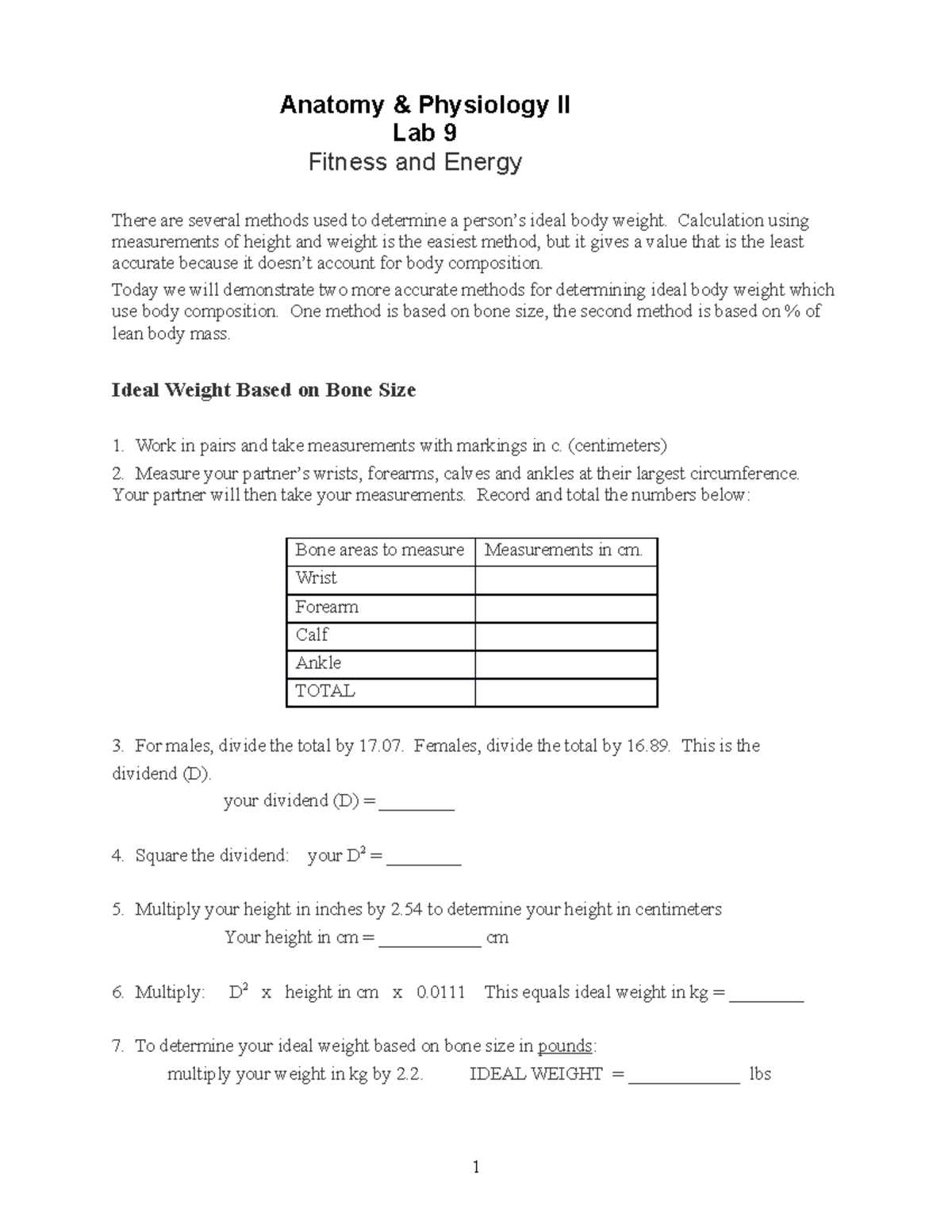 Fitness and Energy lab guide 1 - Anatomy & Physiology II Lab 9 Fitness ...