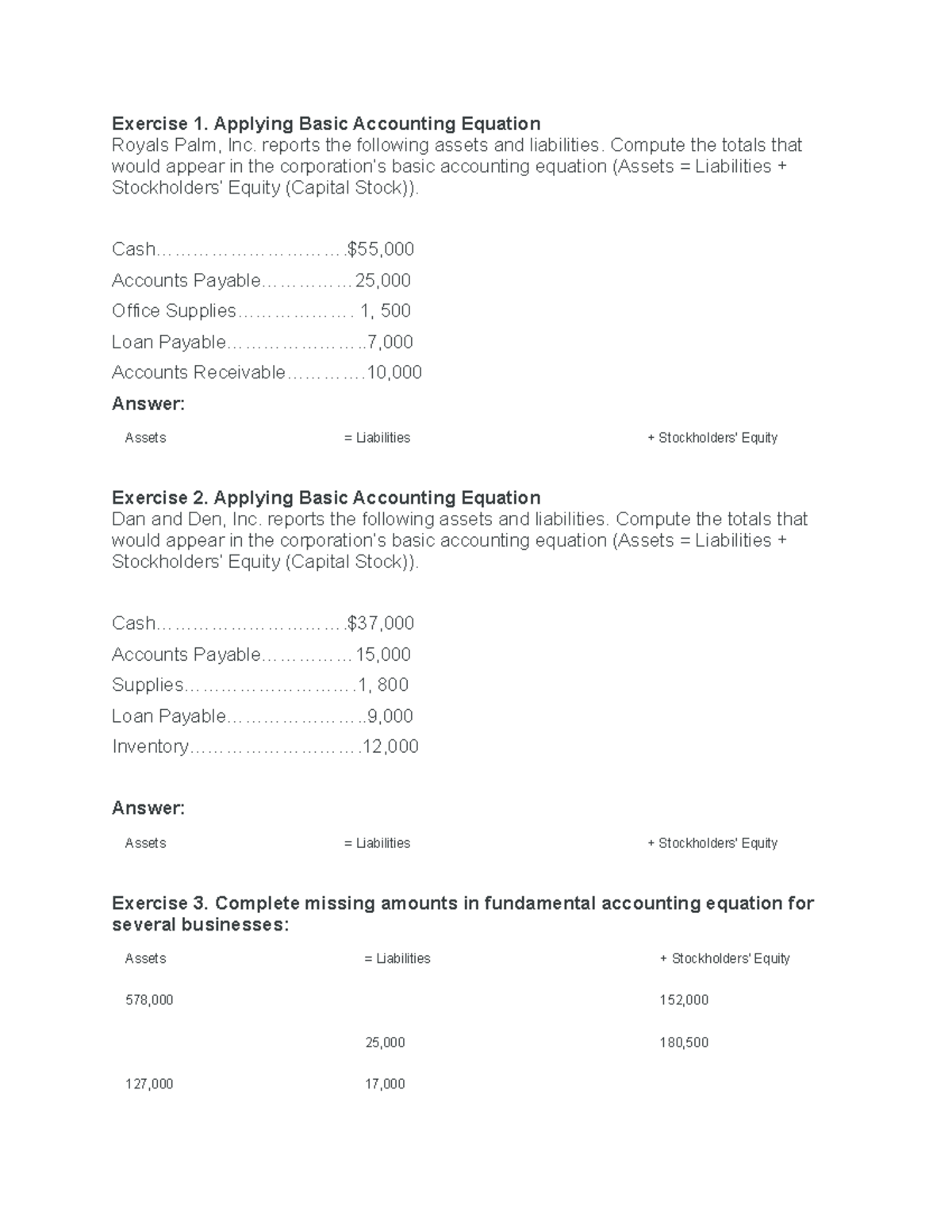 Accounting Equation Example - Exercise 1. Applying Basic Accounting ...