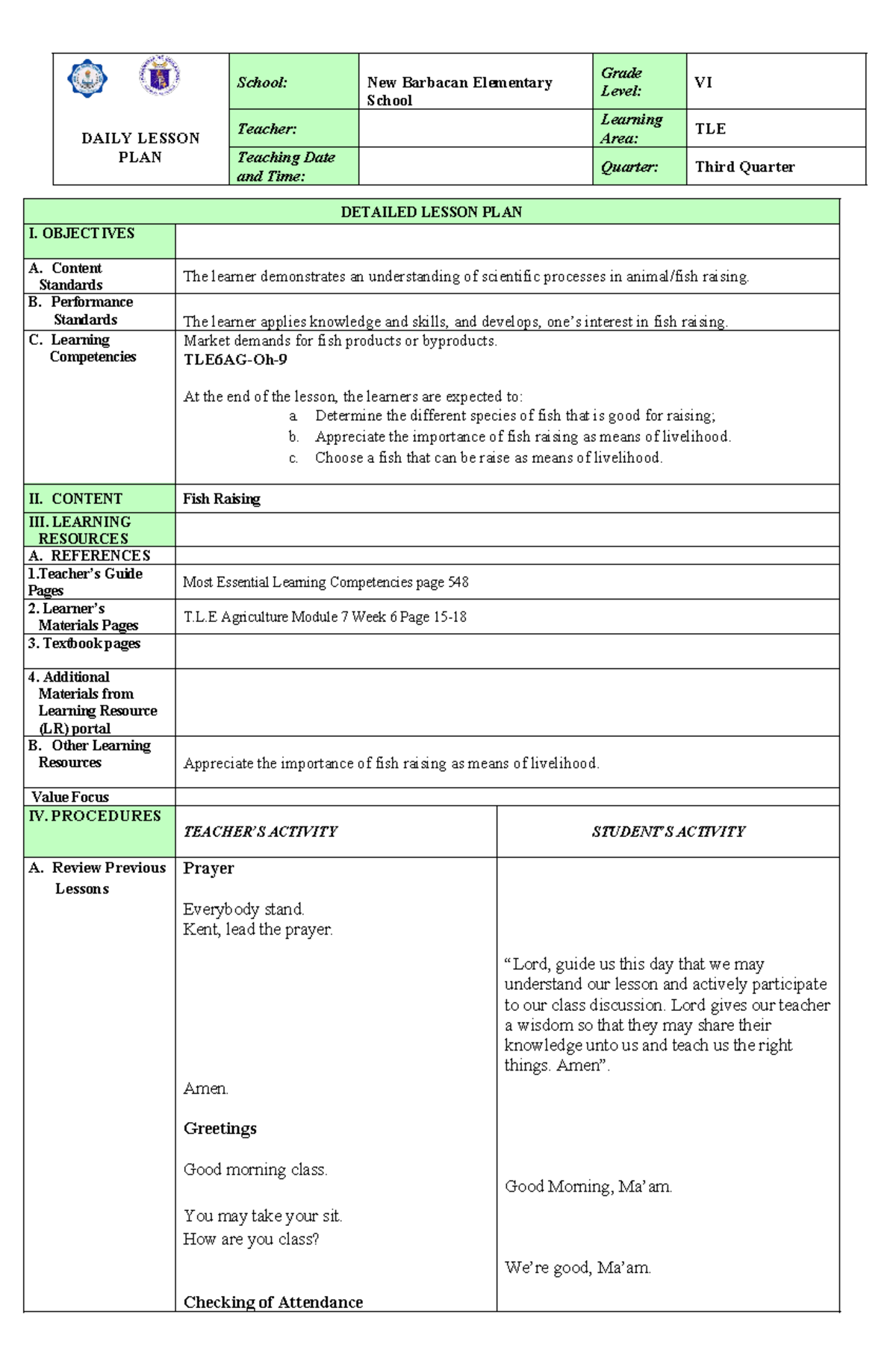 EPP-FISH- Raising - DAILY LESSON PLAN School: New Barbacan Elementary ...