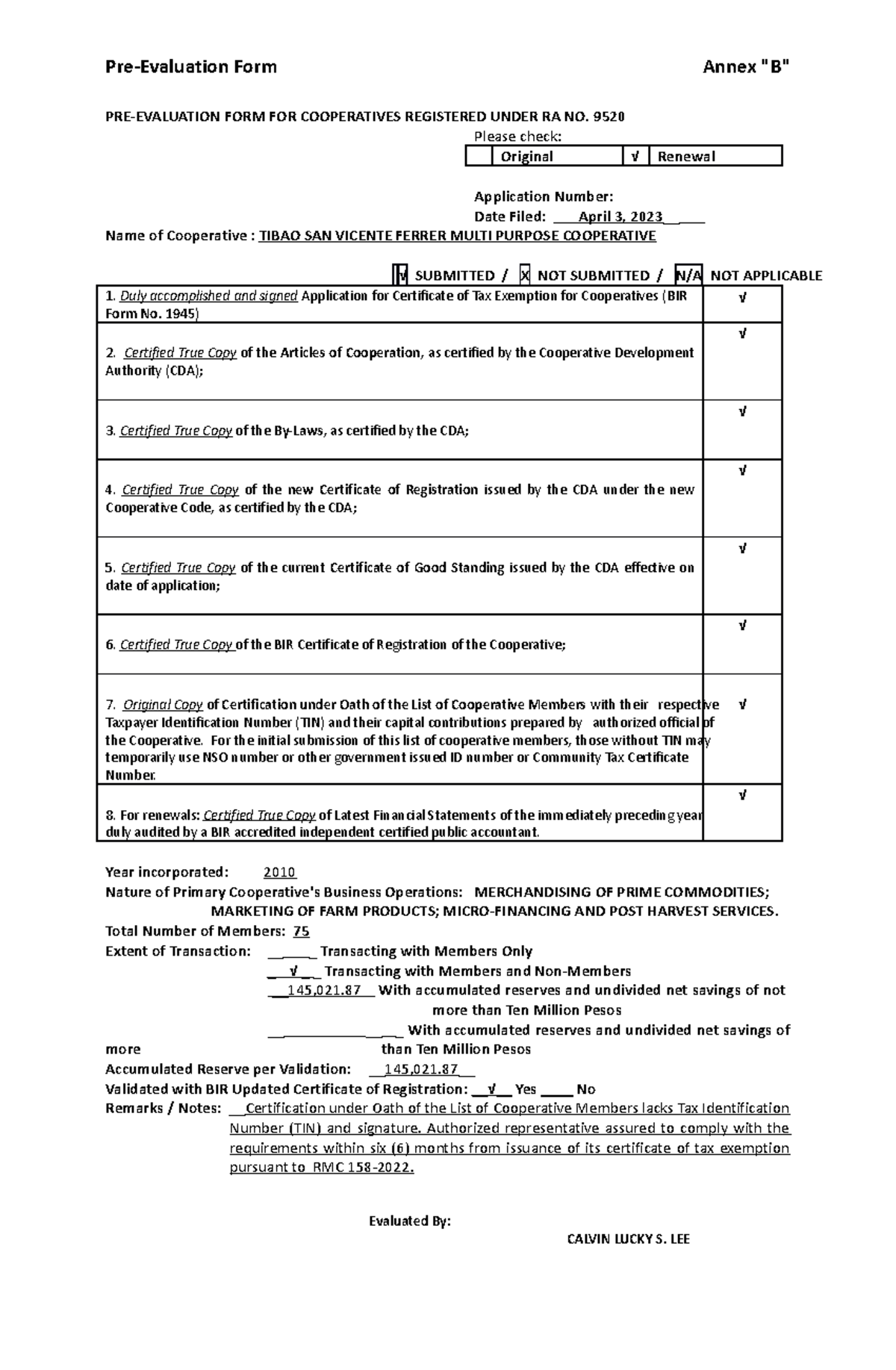 TAX Exemption-original - Pre-Evaluation Form Annex "B" PRE-EVALUATION FORM FOR - Studocu