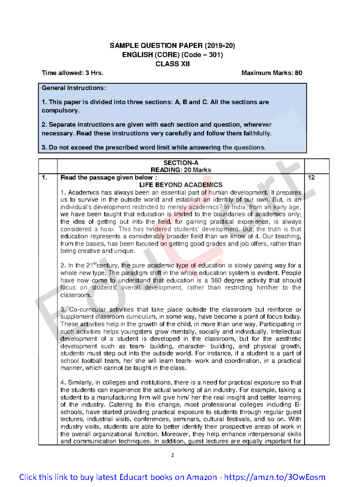 2020 - Sample paper - 1 SAMPLE QUESTION PAPER (2019-20) ENGLISH (CORE ...