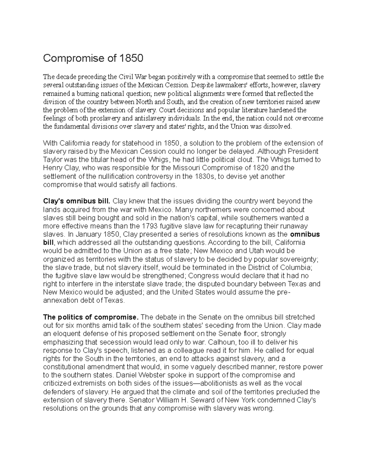 Compromise of 1850 - Compromise of 1850 The decade preceding the Civil ...