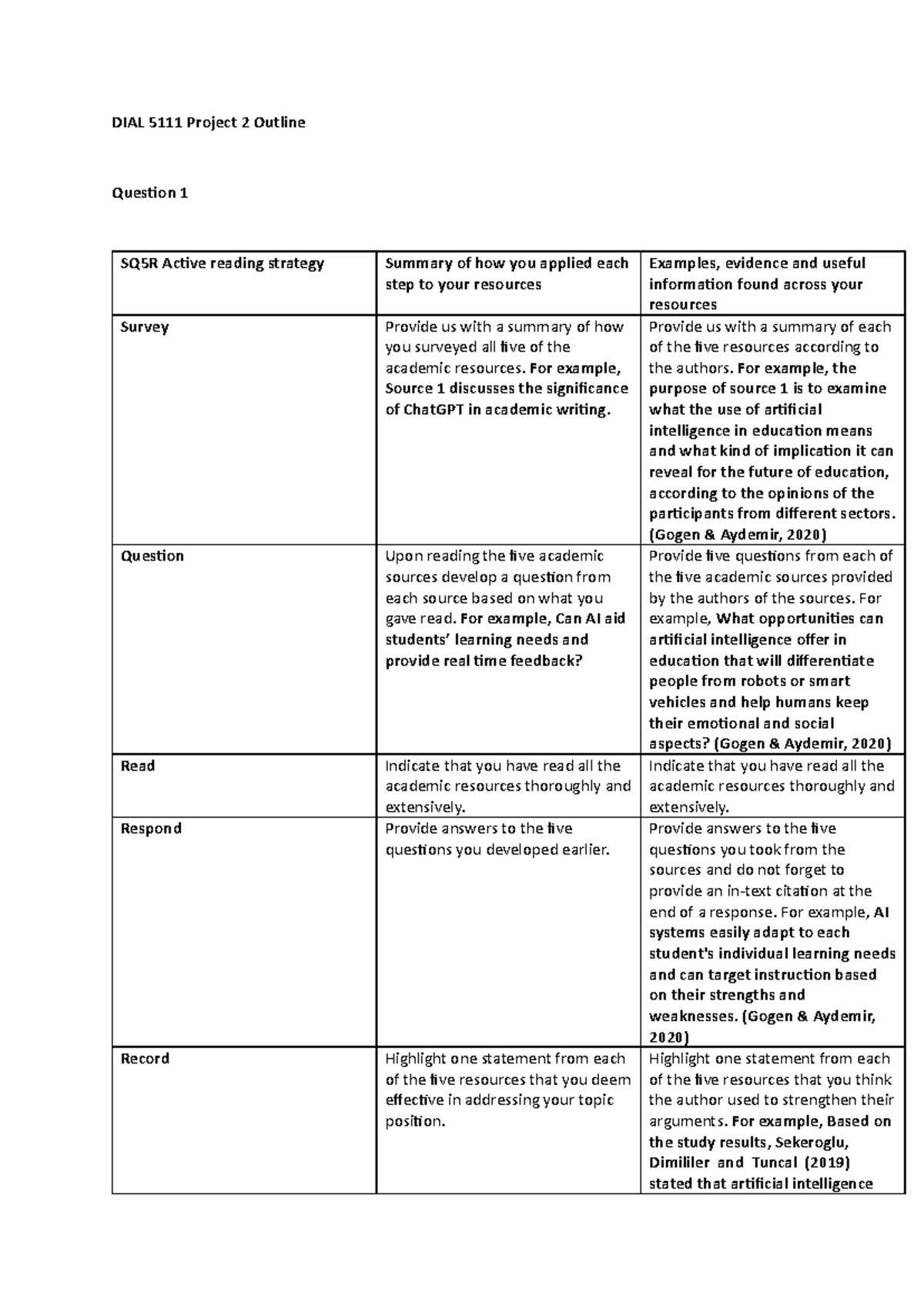 DIAL 5111 Outline - DIAL 5111 Project 2 Outline Question 1 SQ5R Active ...