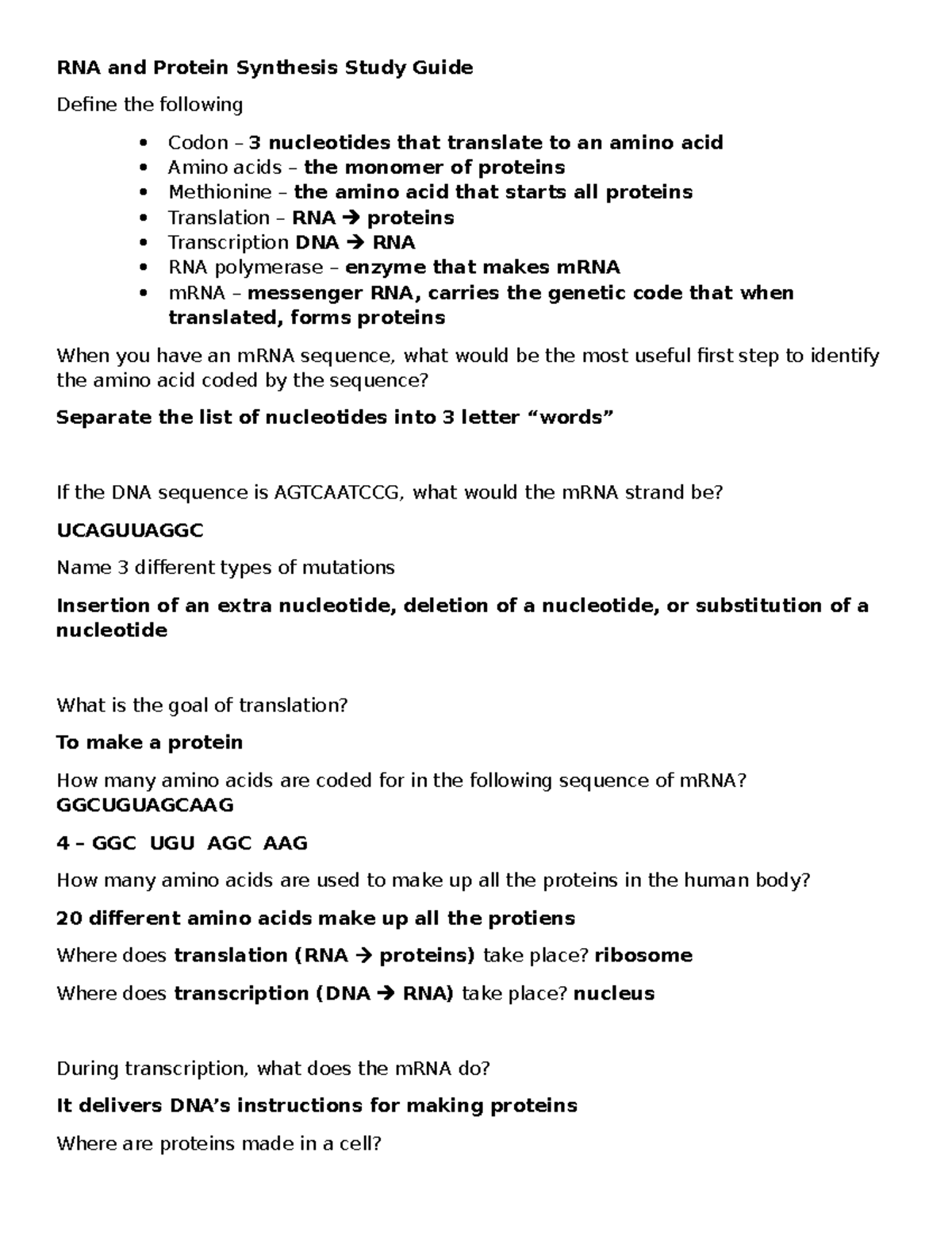 RNA and Protein Synthesis study guide answers - RNA and Protein ...