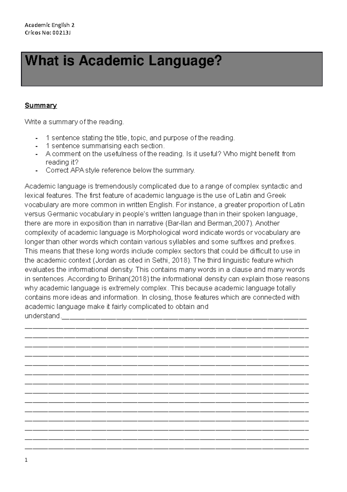 Academic Paragraph Assignment 1 structure establishement - Cricos No ...