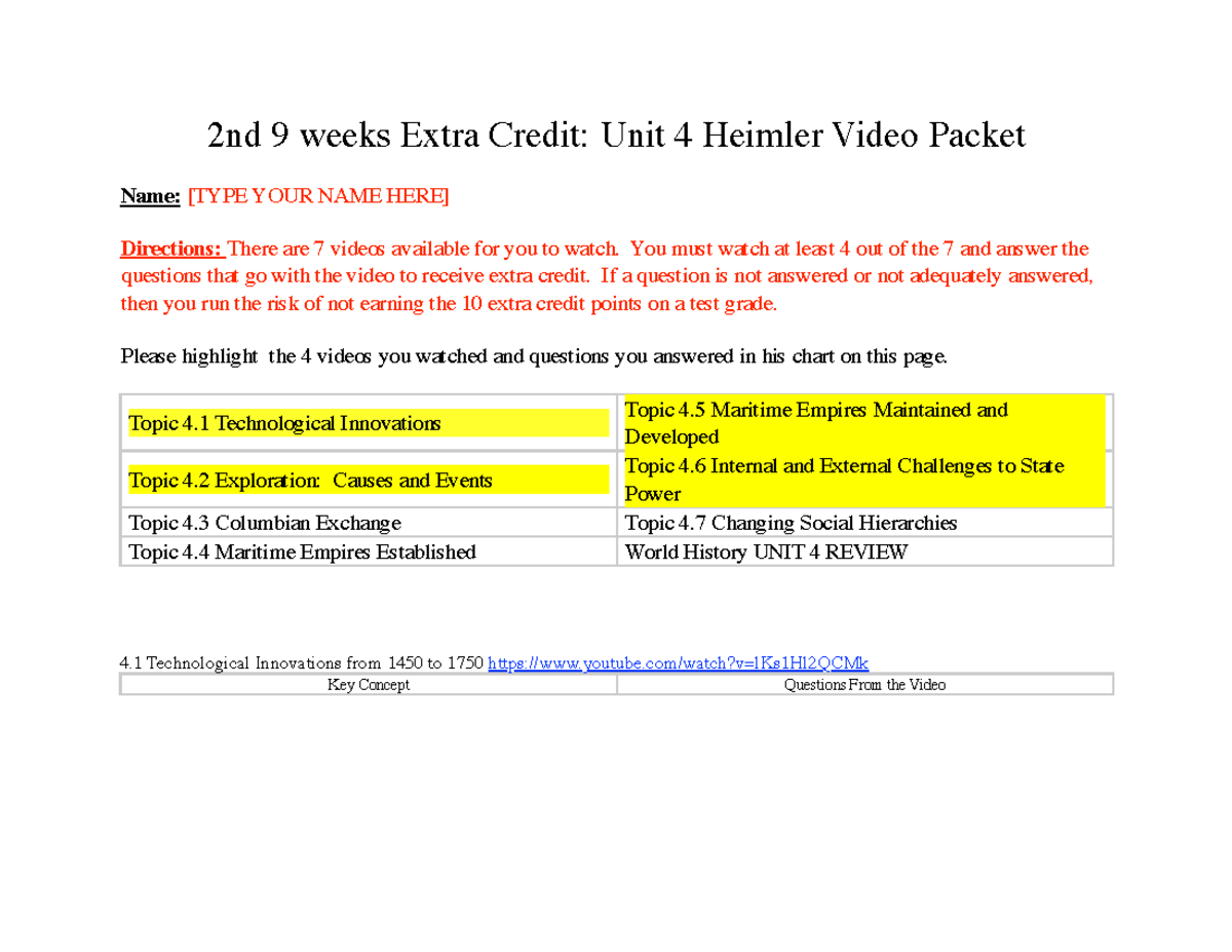 2nd 9 weeks Extra Credit Unit 4 Heimler Video Packet [TYPE NAME HERE ...