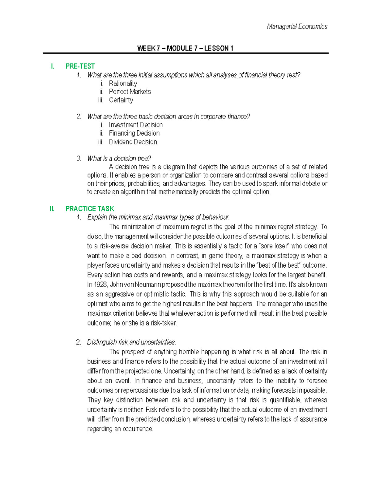 WEEK 7 - Module 7 - Lesson 1 - Managerial Economics WEEK 7 – MODULE 7 ...