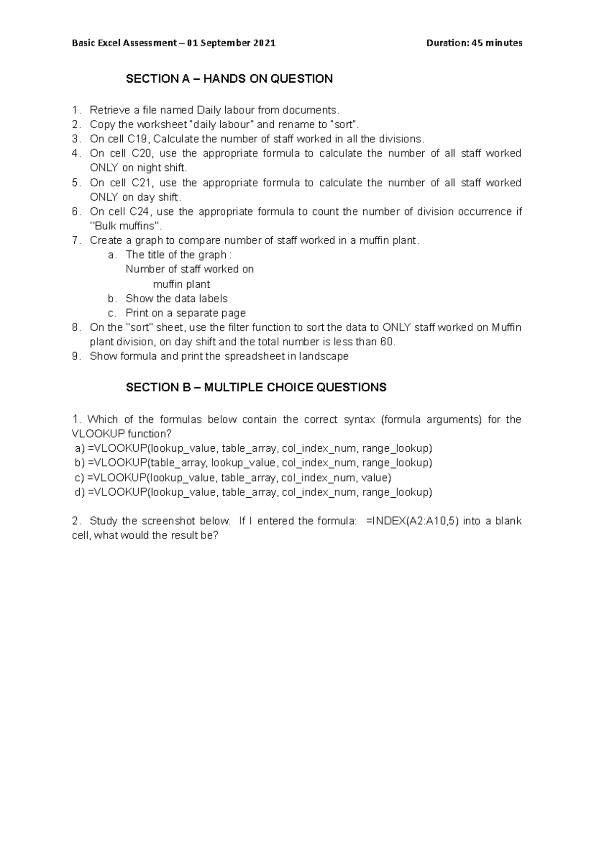 Basic Excel Assessment - 01 September 2021 ed - SECTION A – HANDS ON ...