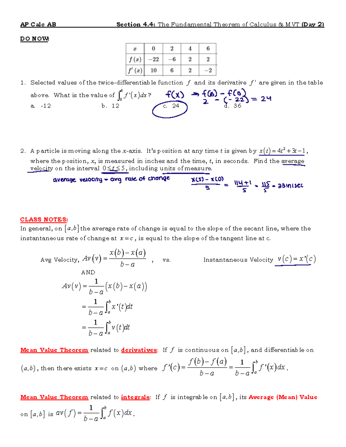 fundamental thm of calc - AP Calc AB Section 4: The Fundamental Theorem ...