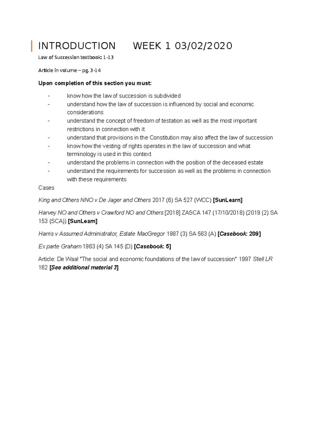 1 Introduction - INTRODUCTION WEEK 1 03/02/ Law of Succession textbook: 1- Article in volume ...