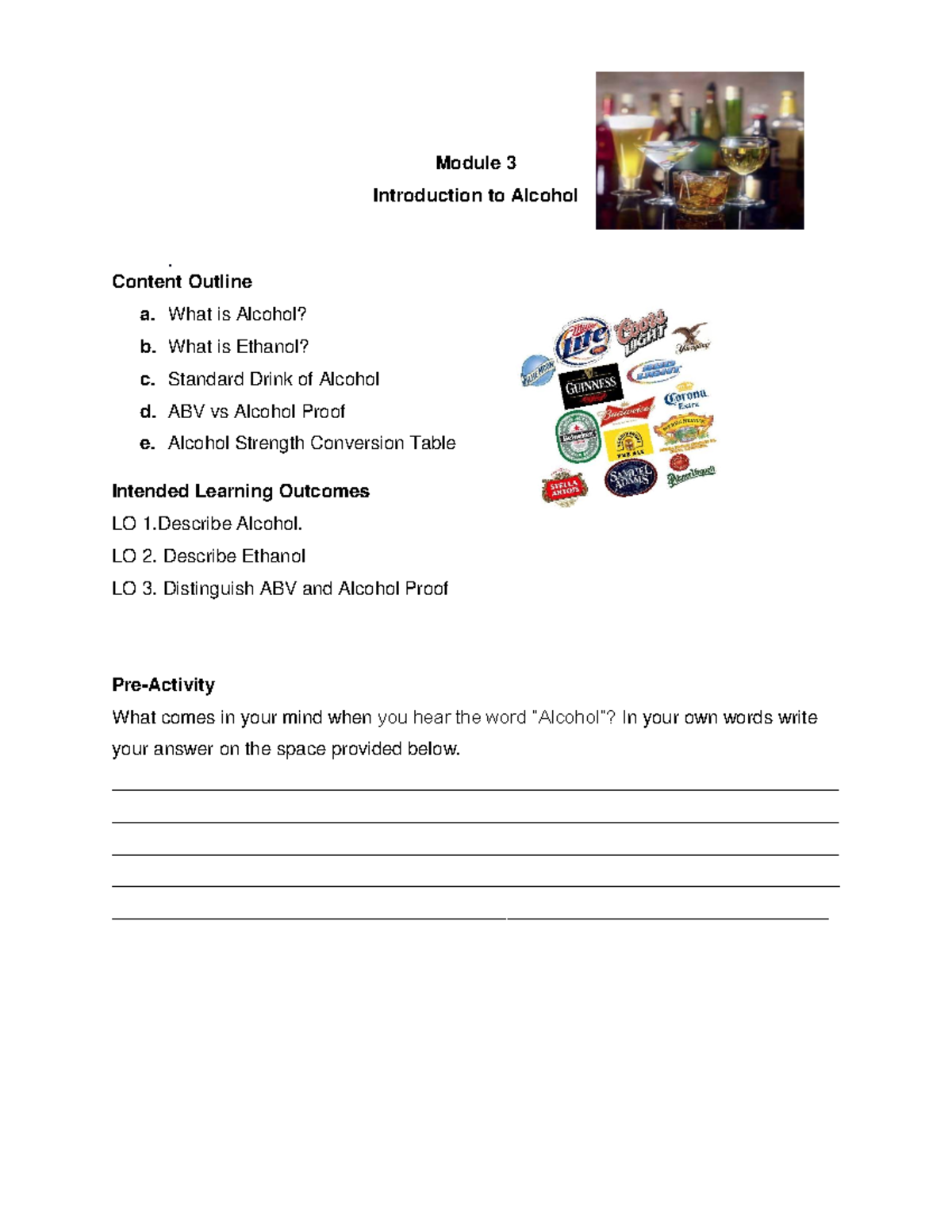 Module 3 Introduction to Alcohol - Content Outline a. What is Alcohol ...