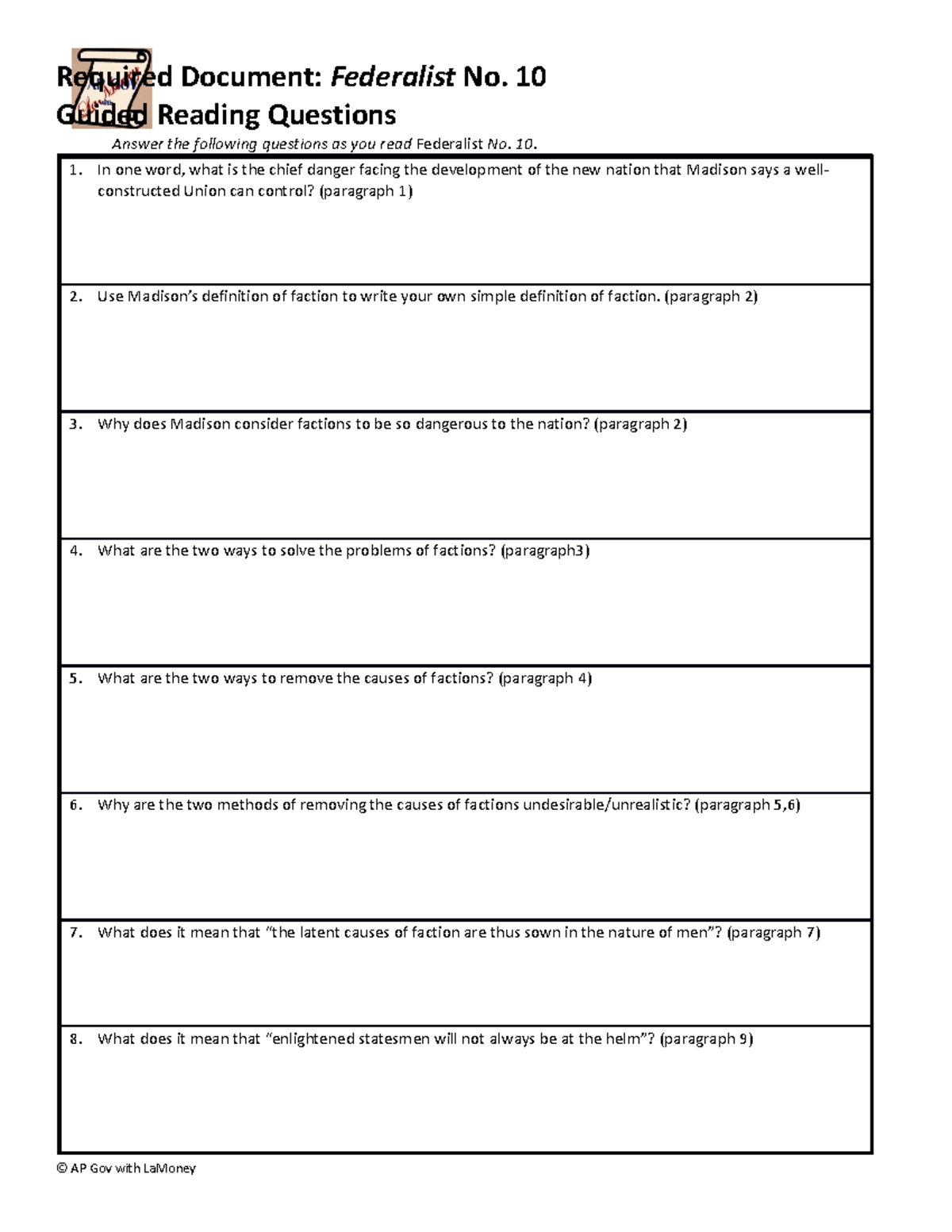 Federalist 10 Questions - Required Document: Federalist No. 10 Guided ...