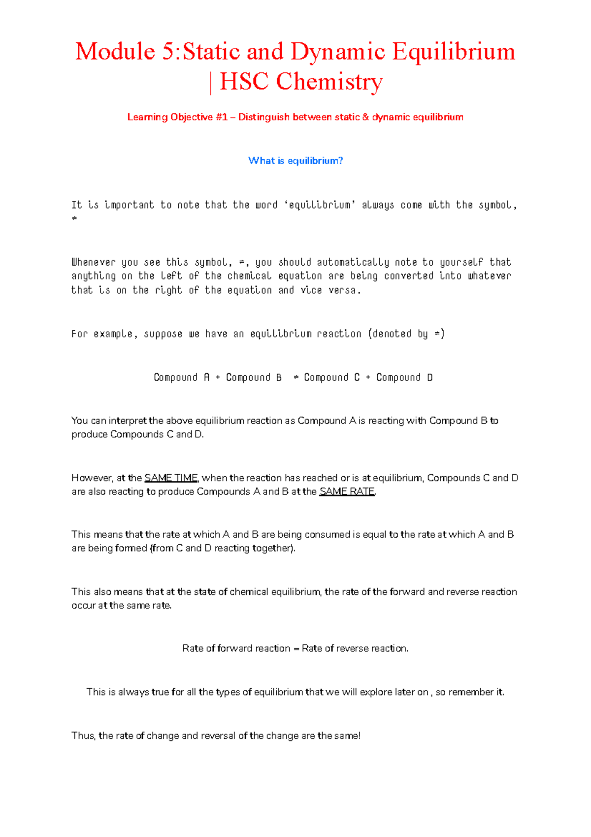Module 5 Equilibrium - | HSC Chemistry Learning Objective #1 ...