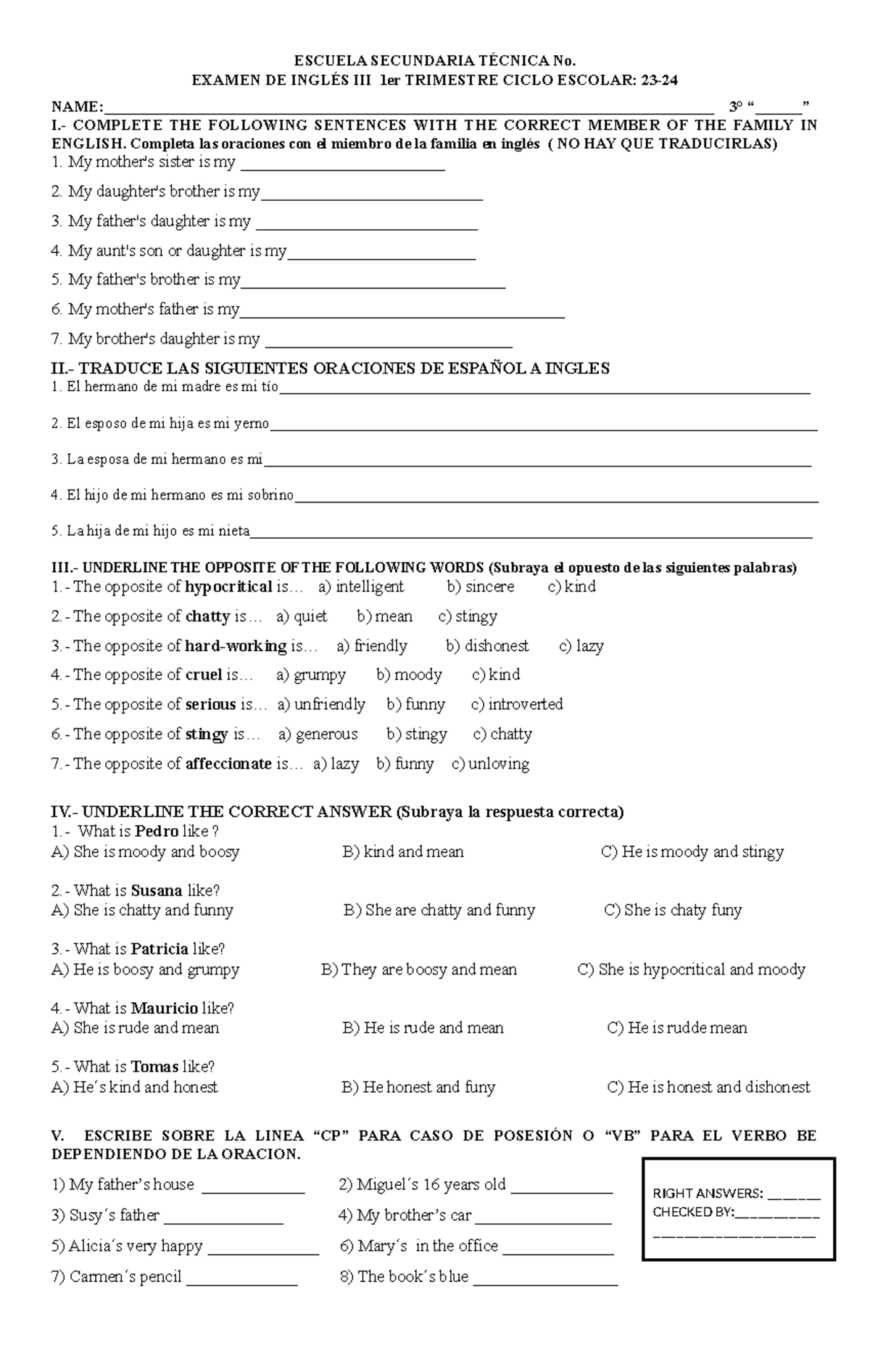 Examen ingles 1er trim 23 24 - ESCUELA SECUNDARIA TÉCNICA No. EXAMEN DE ...