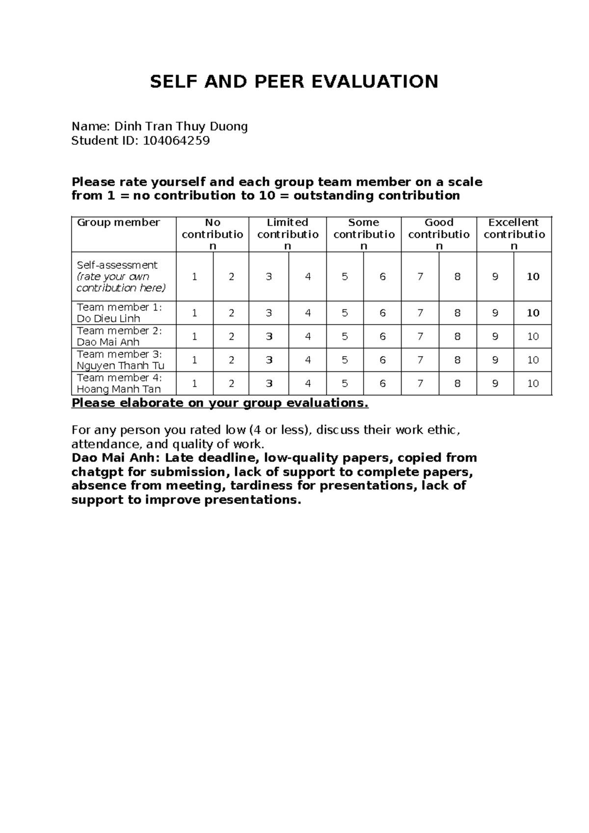 Self and peer evaluation (Assignment 3) - SELF AND PEER EVALUATION Name ...
