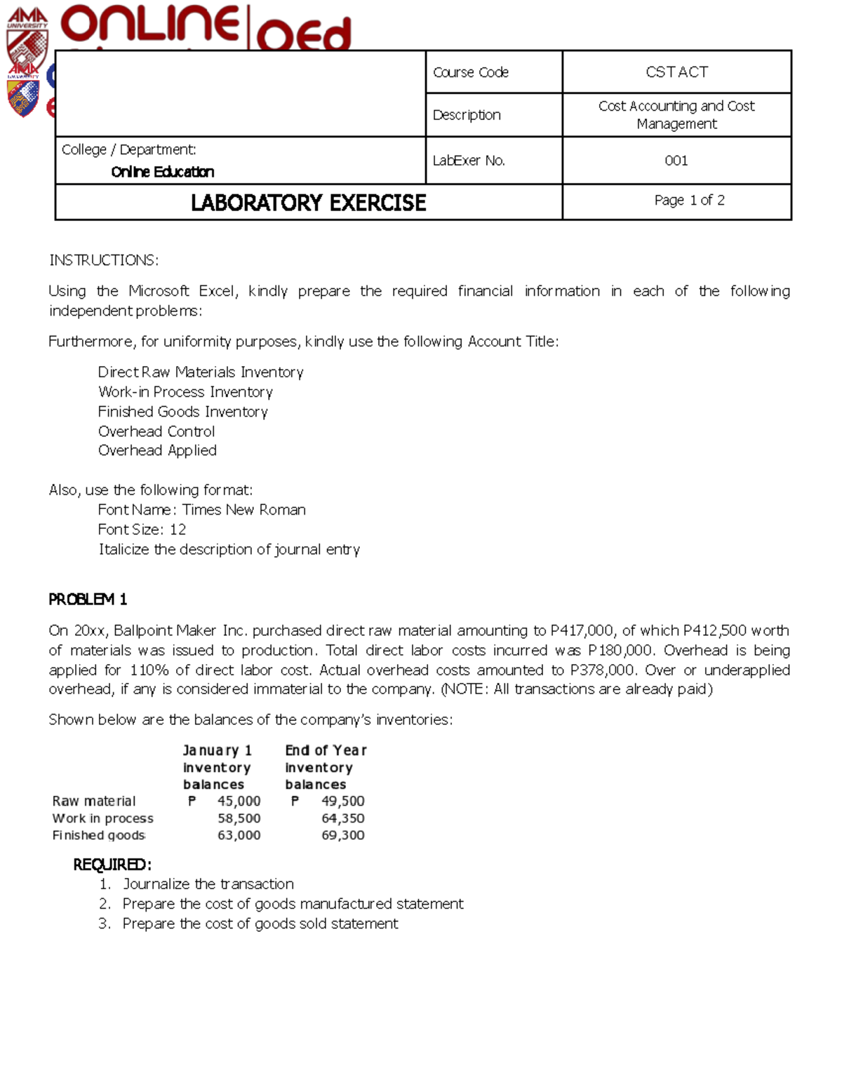 Laboratory Exercise 001 - INSTRUCTIONS: Using the Microsoft Excel ...
