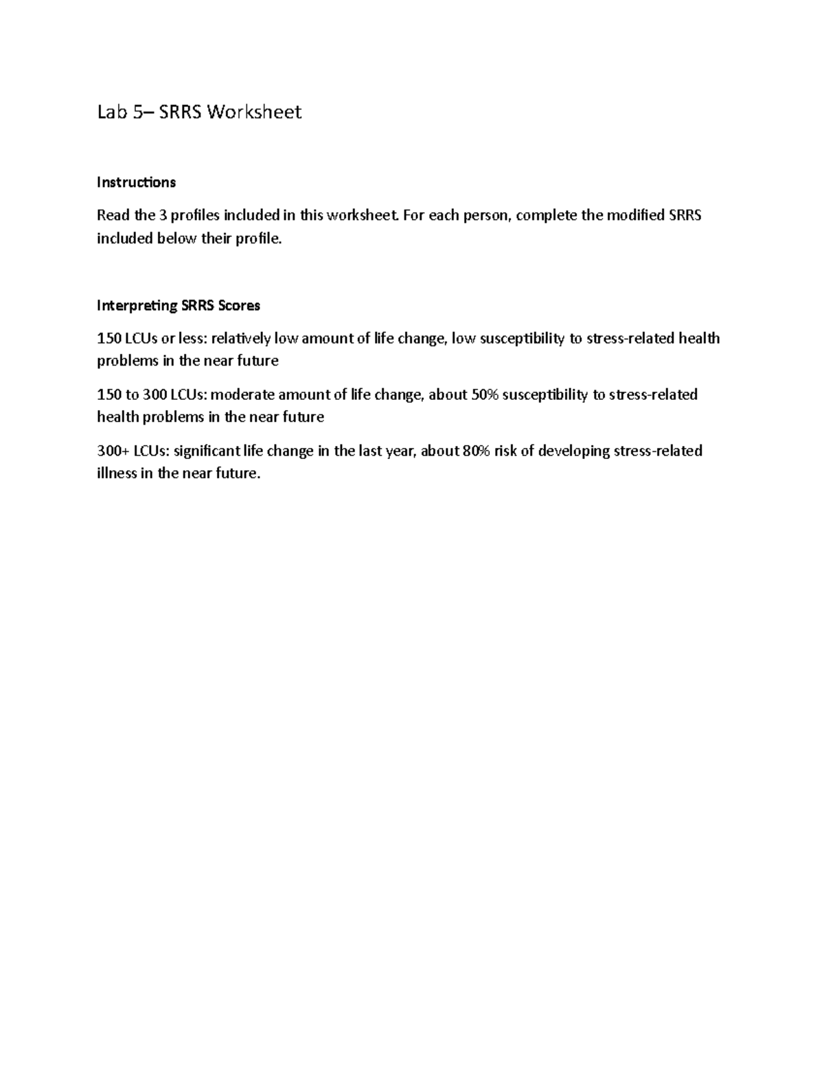 Lab 5 Psyo 1012-Worksheet - Lab 5– SRRS Worksheet Instructions Read the ...